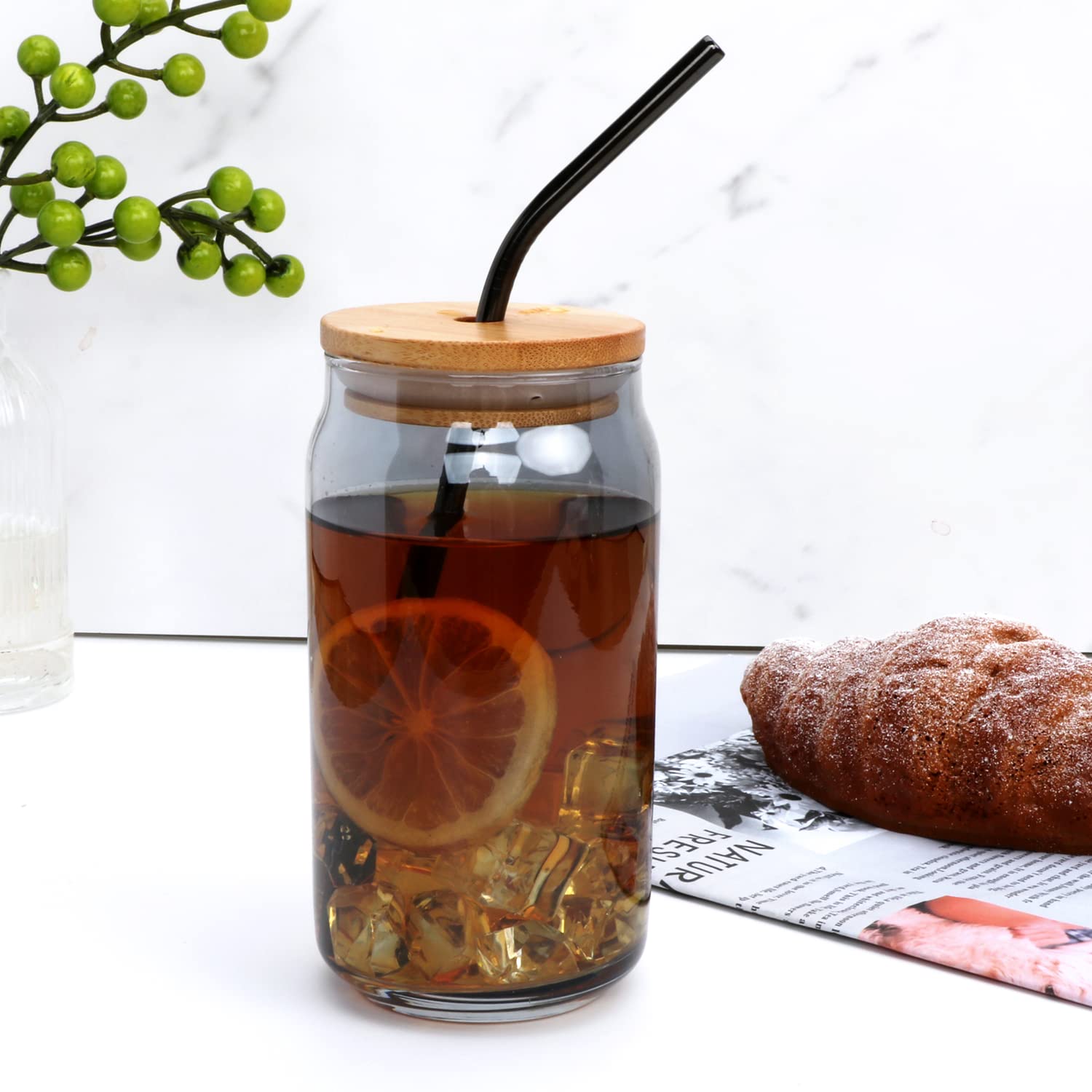 Ufrount Glass Cups Set of 6,16 OZ Drinking Glasses with Lids and Straws,Gray Glass Coffee Cups,Cute Iced Coffee Glasses for Cocktail,Whiskey,Juice