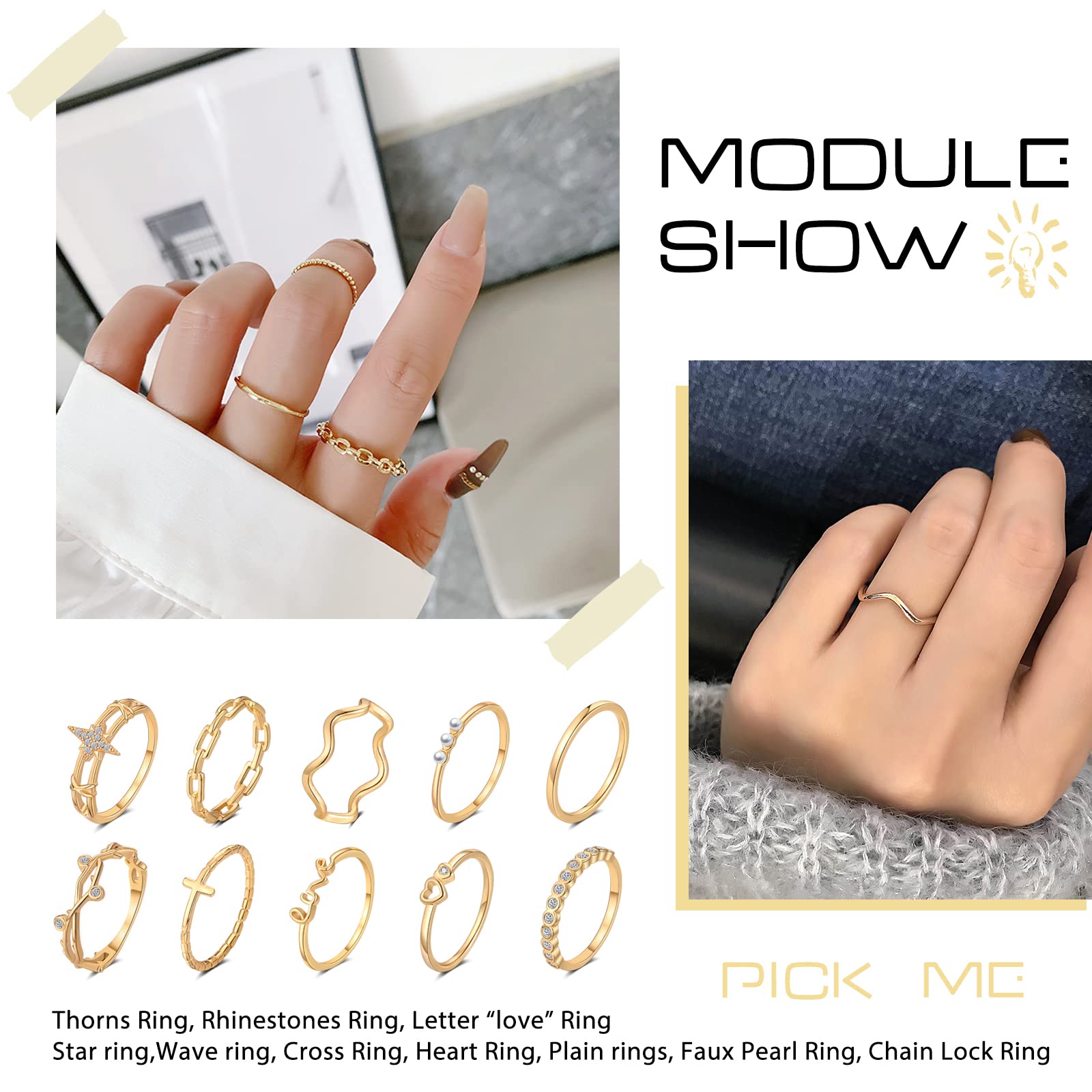 Sunssy 10PCS 14K Gold Plated Stacking Rings for Women,Stackable Knuckle Rings Set Trendy Dainty Silver Ring for Teen Band Wave Thin Rings Size 5-11