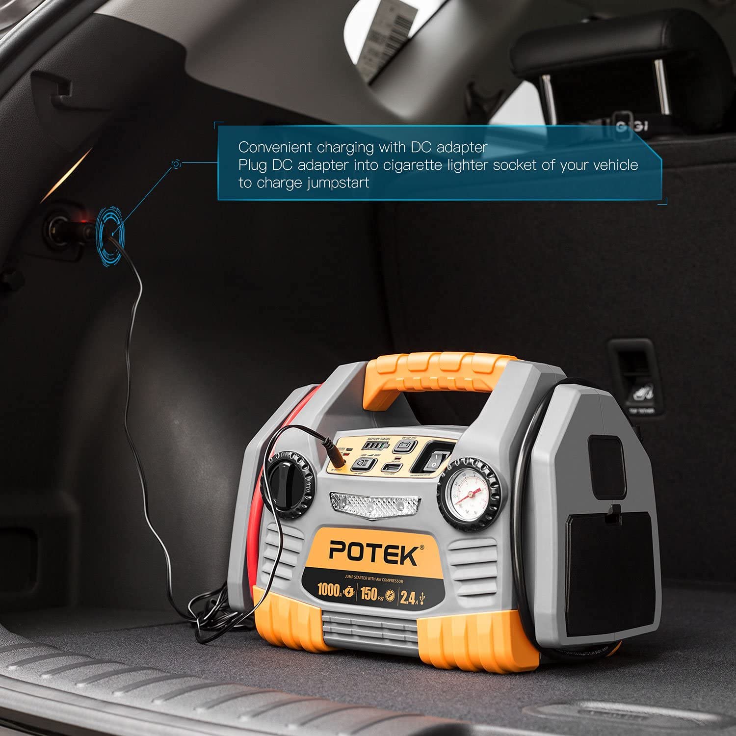 POTEK Jump Starter Source with 150 PSI Tire Inflator/Air Compressor,900 Peak Amps Power Station with 2.4A USB Port