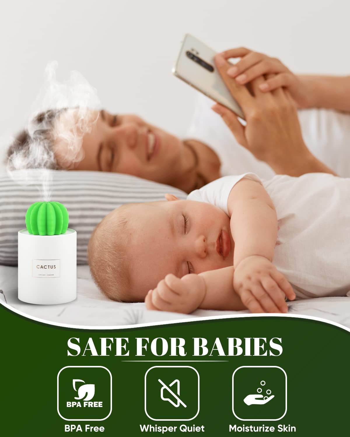 ONUEMP Cactus Humidifiers with Night Light, Mini Cool Mist Humidifier 280ml USB Portable Air Diffuser, Auto Shut-off, Gift for Christmas, Valentines, for Bedroom, Baby, Travel, Desktop, Home, Office