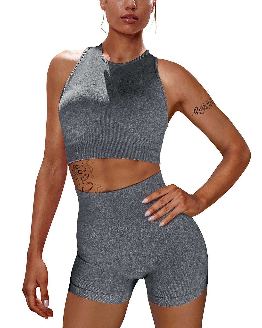 OYS Workout Sets for Women 2 Piece Outfits Seamless High Waisted Yoga Shorts Running Sports Bra Clothes Grey