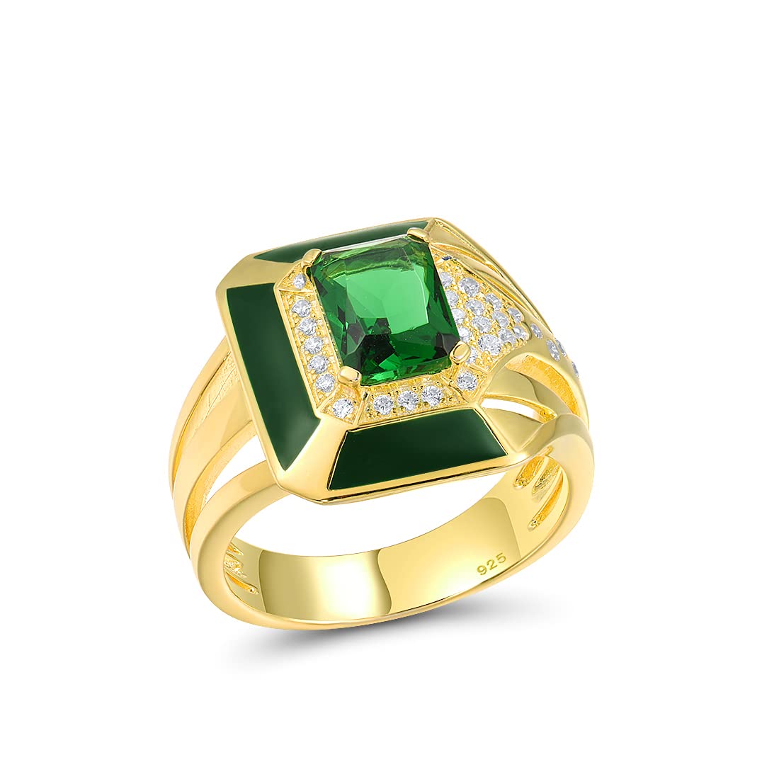 Santuzza 925 Sterling Silver Emerald Cut Green Glass Solitaire Rings Gold Plated White CZ Black Enamel Ring for Women (6)