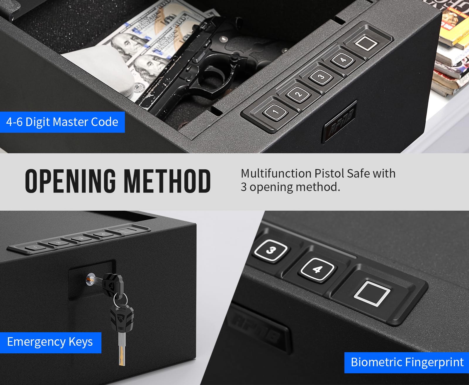 RPNB Gun Safe,4-Pistol Multifunction Gun Safe,California DOJ Certified,Quick-Access Firearm Safety Device with Digital Key Pad & Biometric Fingerprint