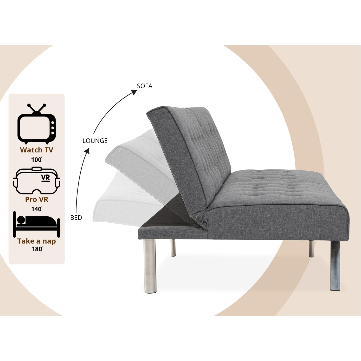 Naomi Home Tufted Futon Sofa Bed Pull Out Sofa Bed Couch Convertible with Wooden Legs, Folding, Reclining Small Couch Bed, Futon Bed for Living Room (Gray, Tufted Split Back/Linen)