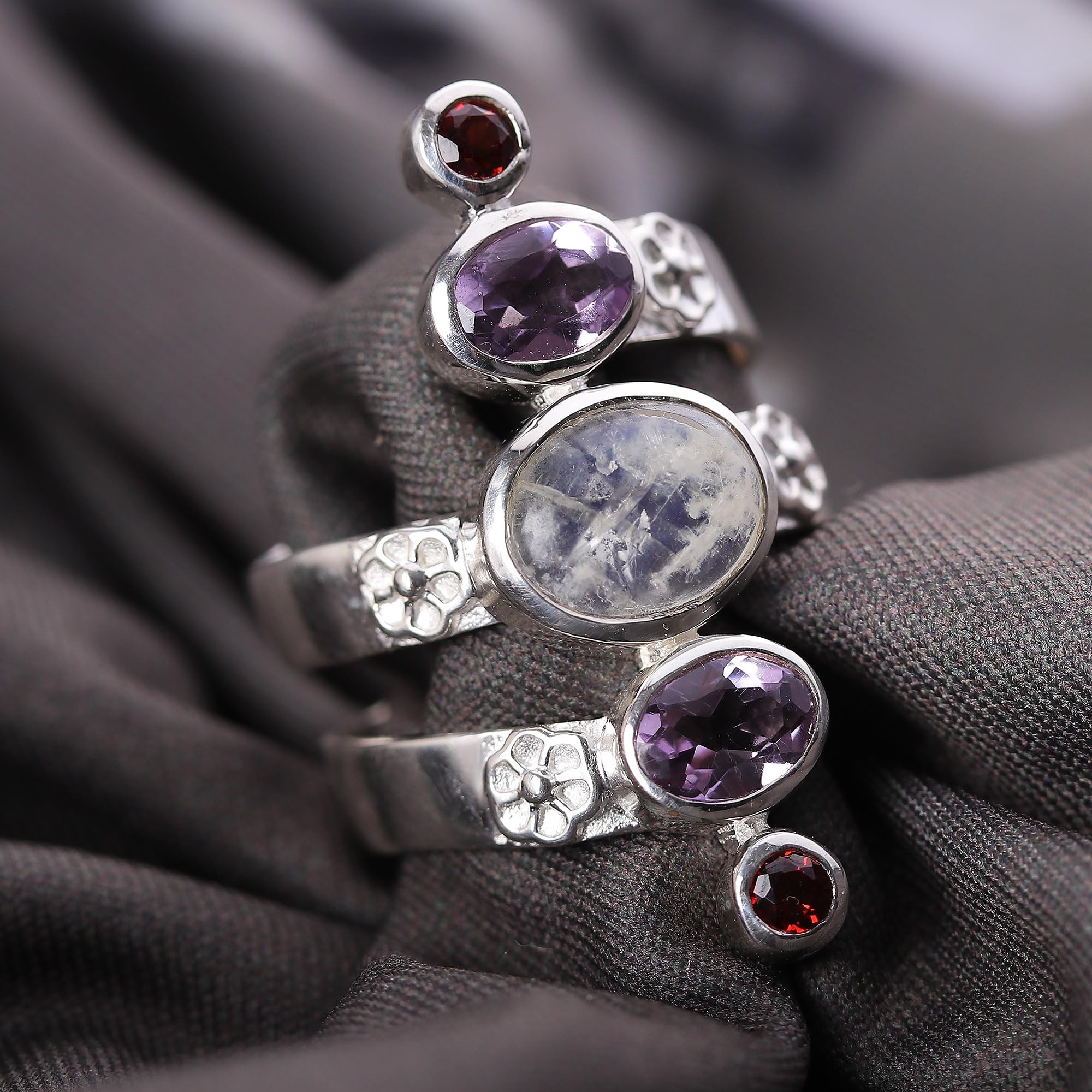 NOVICA Artisan Handmade Multigemstone Cocktail Ring Silver Moonstone Artisan with Amethyst Garnet Sterling Multicolor Purple Red White India Orchid Birthstone [ring Front 1.3 in L x 0.4 in W x 0.3 In]