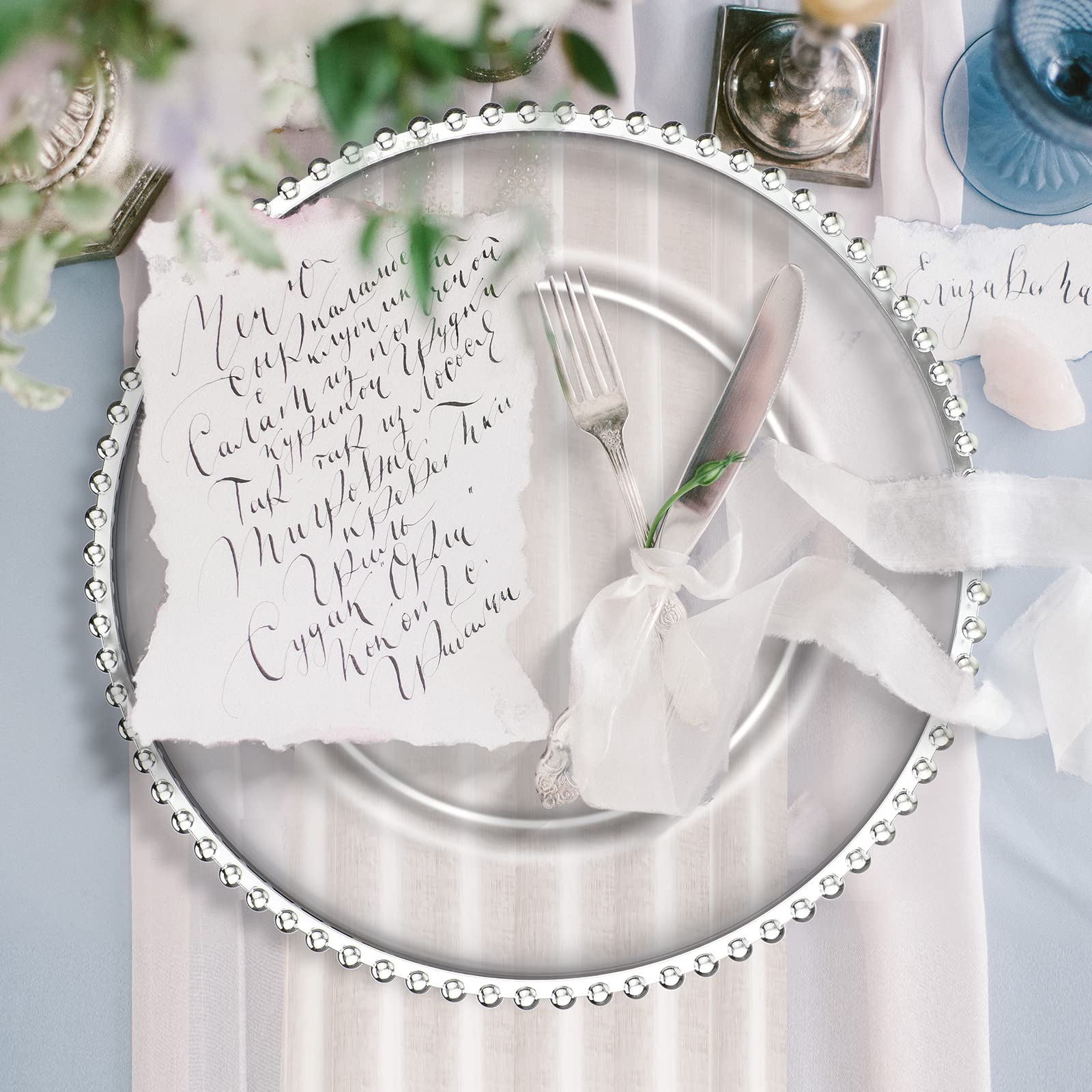 Weewooday 30 Pieces Silver Plastic Beaded Charger Plates 13 Inch Round Dinner Chargers Bead Clear Service Plates for Wedding Birthday Party Events Bridal Shower Dinner Tabletop Decoration