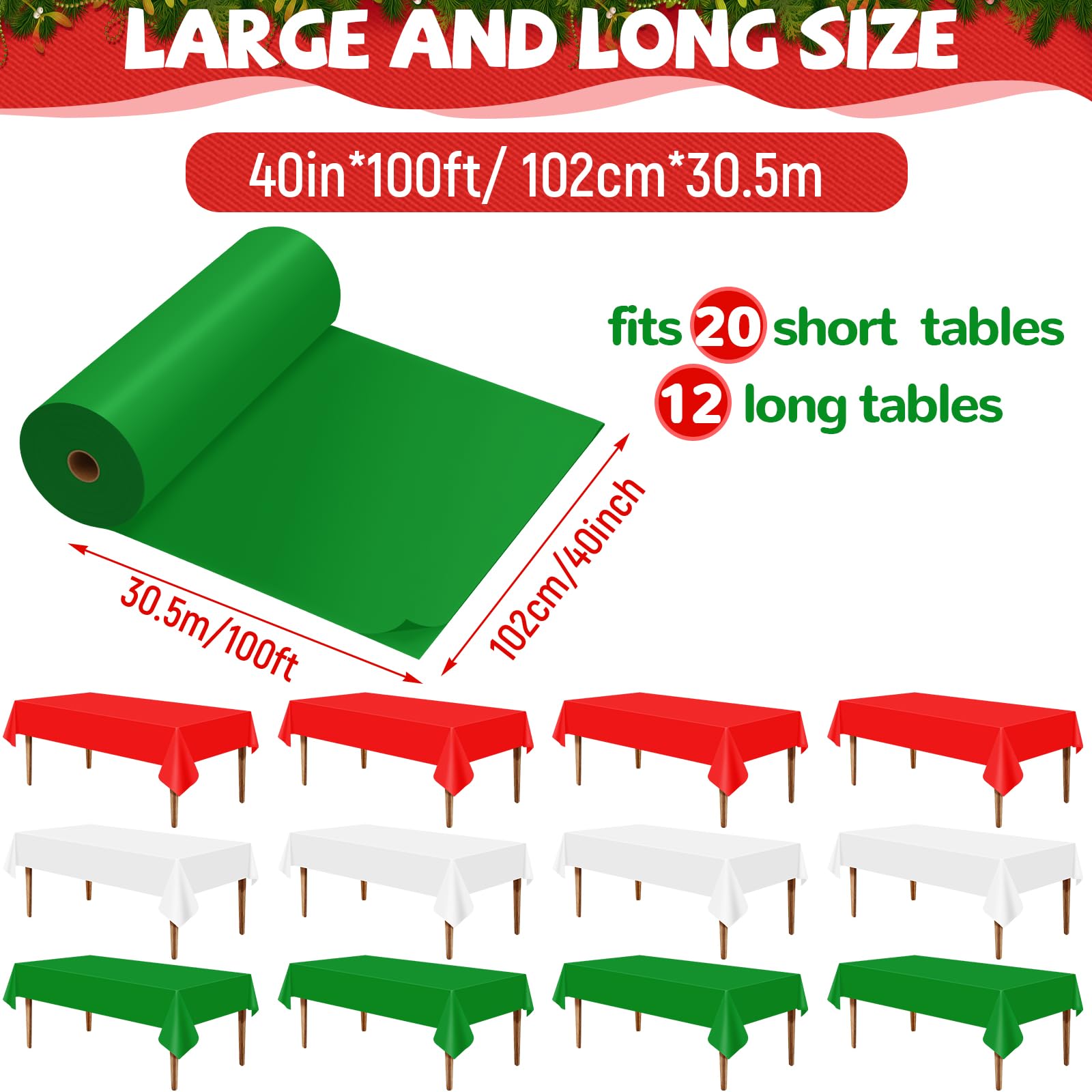 Preboun 3 Pcs Christmas Disposable Tablecloth Roll Plastic Table Cover Roll Table Cloth Rolls with Cutter Box for Christmas Parties and Decorations, Red, White, Green, 40" x 100'