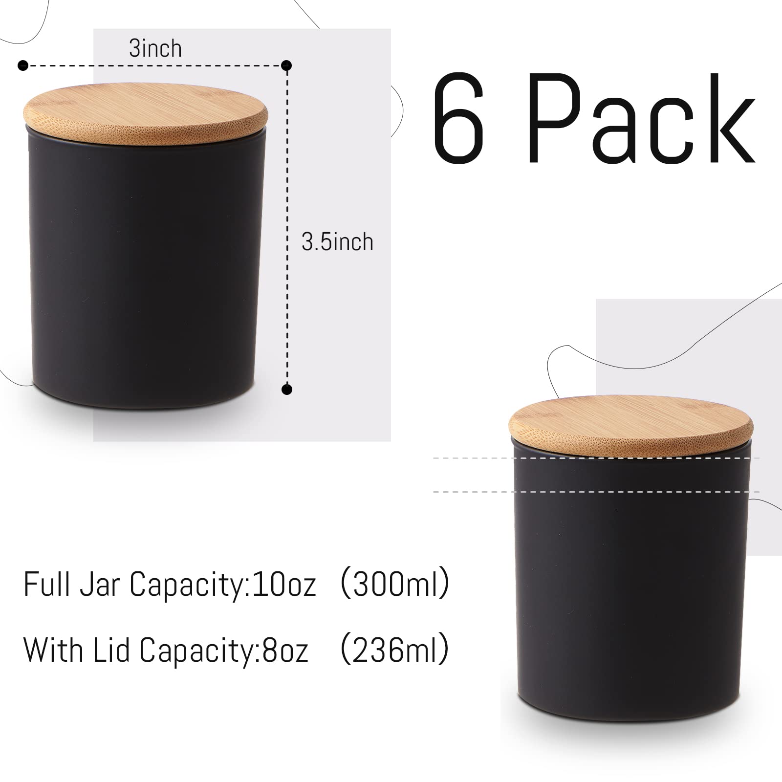 Relatern 6-Pack 8 Oz Candle Containers for Making Candles - Glass Candle Vessels with Bamboo Lids for DIY Candle, Bulk Empty Frosted Candle Jars, Black