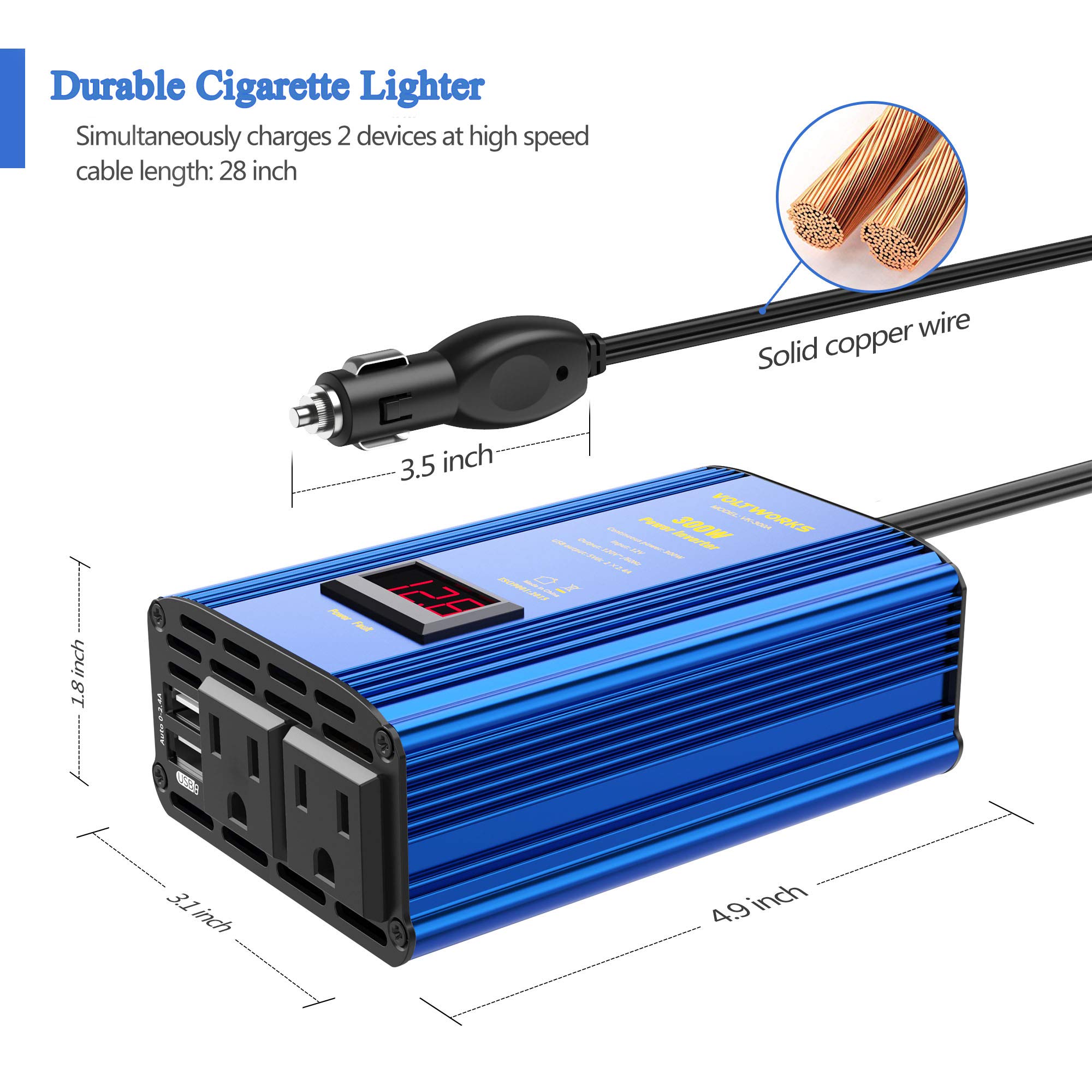 Power Inverter 300W Car Inverter DC 12V to 110V AC Converter with LED Display & 2x2.4A Dual USB Car Adapter Charger by VOLTWORKS Blue