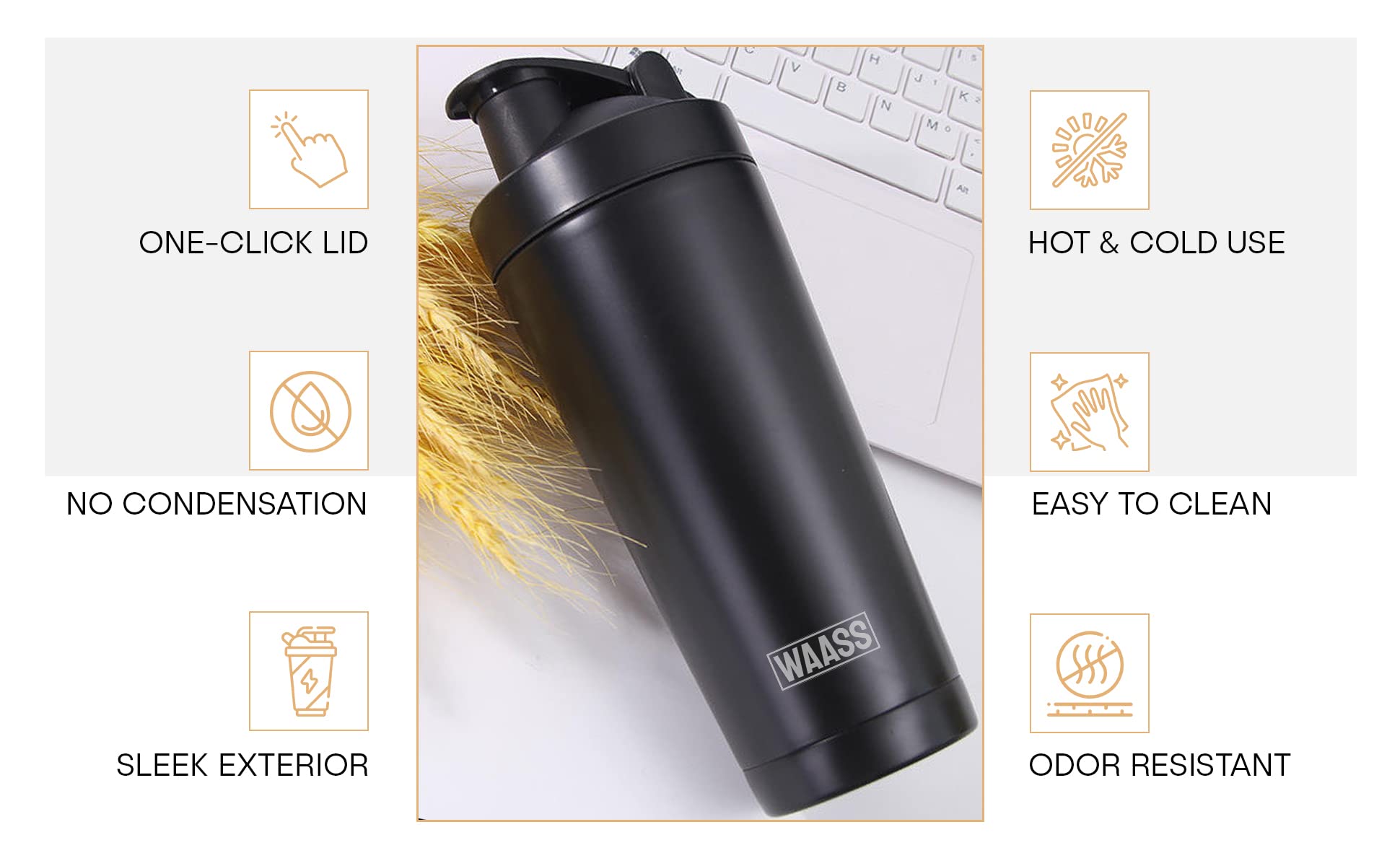 WAASS Double Wall, Stainless Steel Vacuum Insulated Protein Shaker Bottle with Mixer Ball for Gym - Leakproof One-Click Lid - BPA-Free Metal Smoothie Cup for Hot & Cold Drinks (Black)