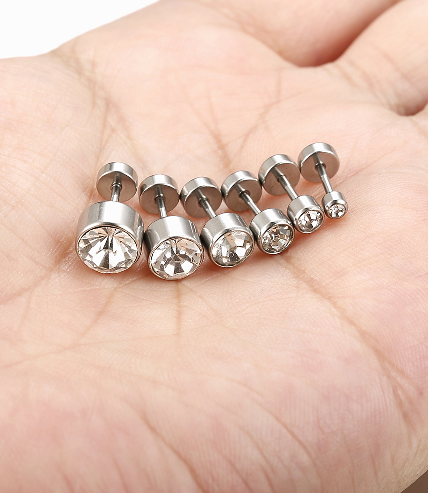 ORAZIO 6 Pairs Stainless Steel CZ Stud Earrings for Women Cartilage Stud Earrings Screwback Silver Tone 3-8mm