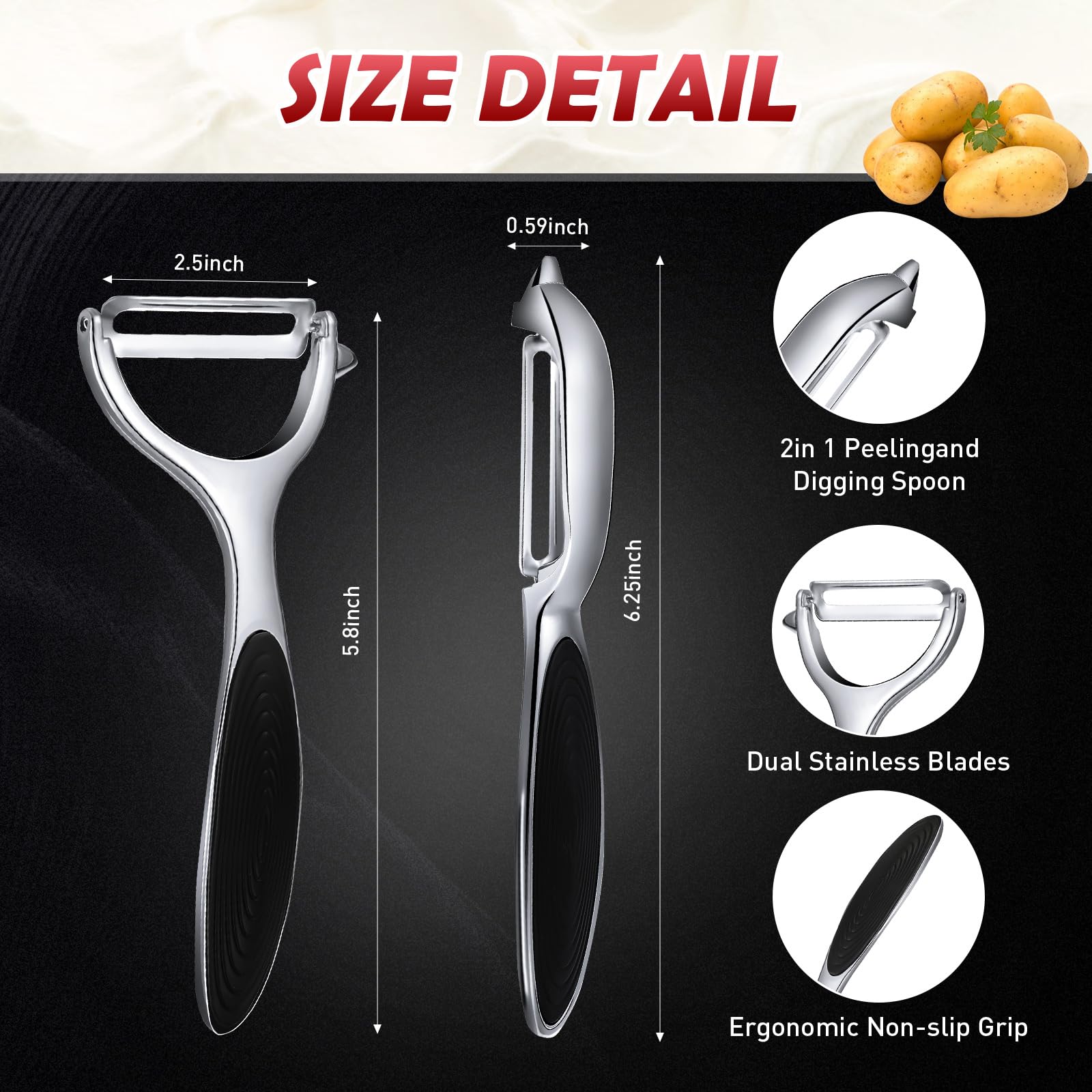 Mumufy 6 Pack Potato Masher Peeler Set Includes Wire Masher Swivel Peeler Vegetable Peelers Heavy Duty Masher Kitchen Tools for Potato Press Cooking Berries Fruits Avocado (Silver)