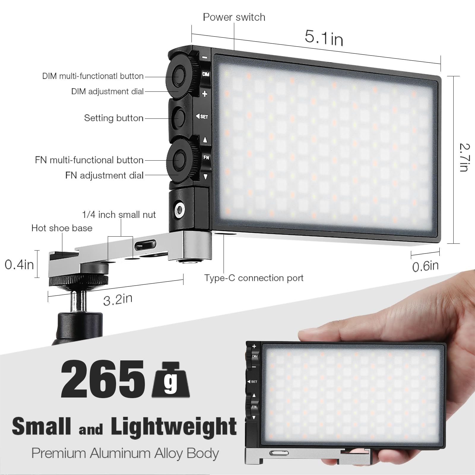 Pixel G1s RGB Camera Light with APP Control, Built-in 12W Rechargeable Battery RGB Video Light, 10 Common Lighting Effects, CRI≥97 2500-8500K LED Video Light with Aluminum Alloy Body, Mini Tripod