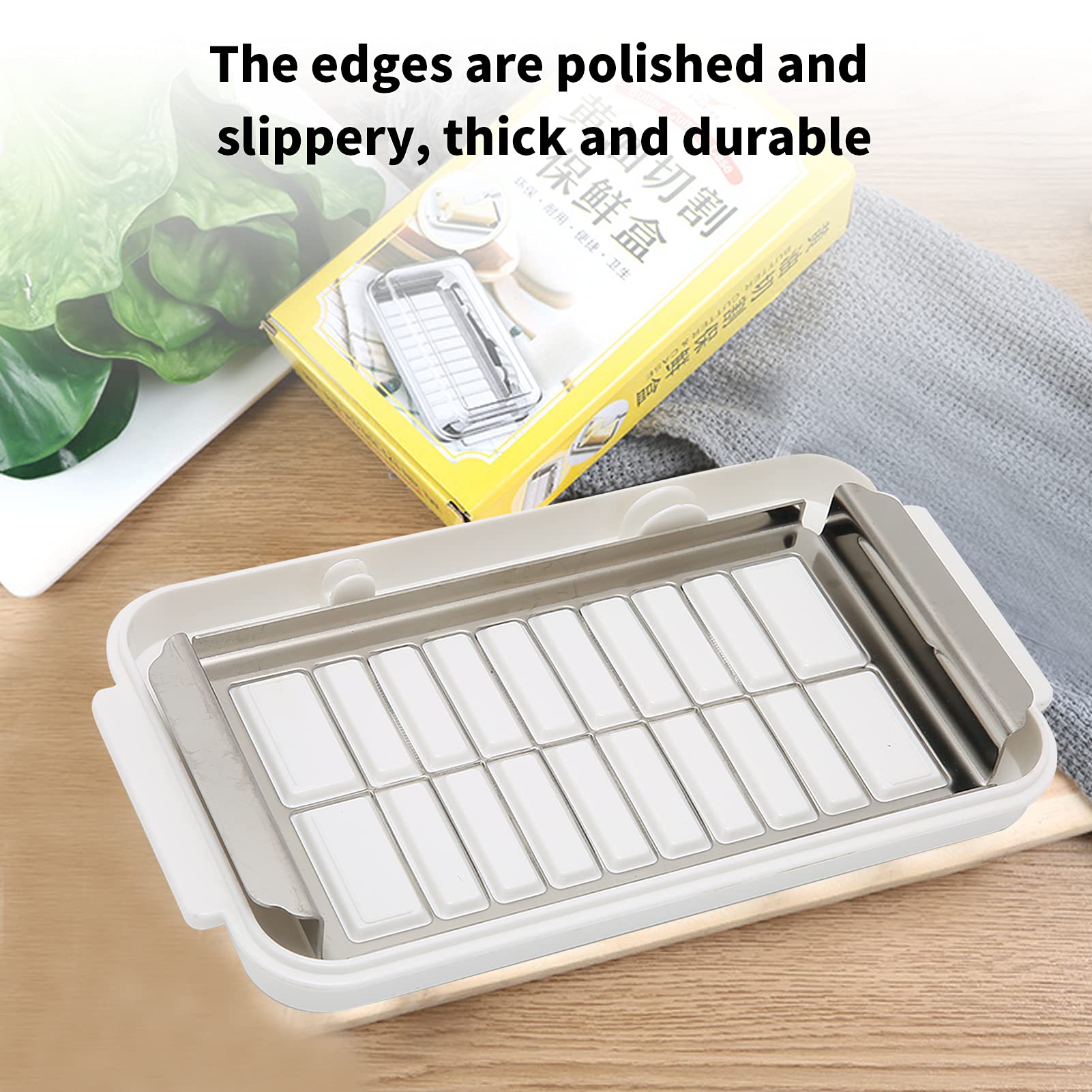 Stainless Steel Cutter Style Butter Case, Butter Slicer Metal Saucer with Plastic Transparent Cover Covered Cheese Storage Container with Knife for Kitchen(White)