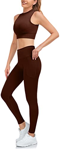 Women's Yoga Workout 2 Piece Seamless Sets with Ribbed Design, High Neck or One Shoulder Strap Top