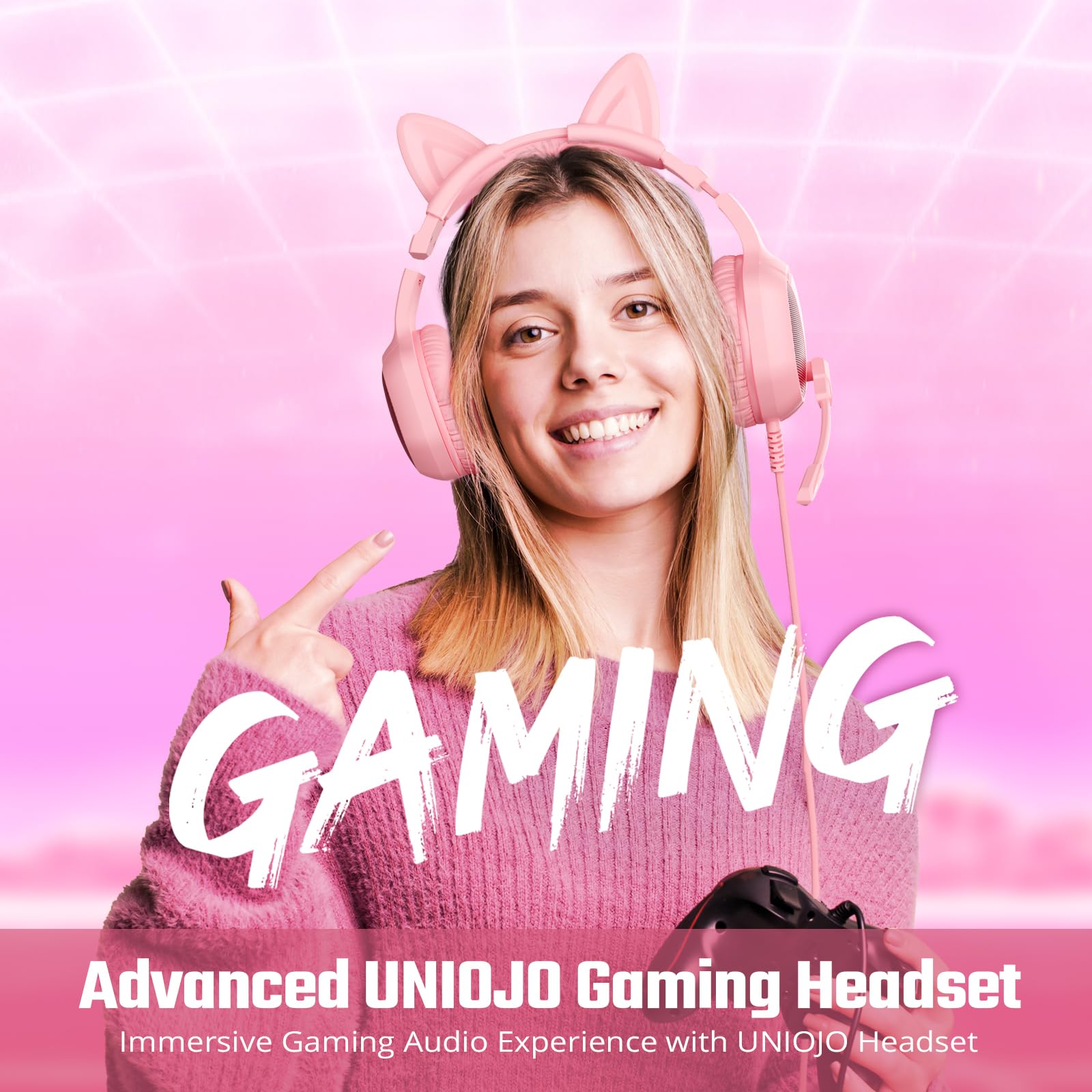 Pink Gaming Headset Noise-Canceling Mic with Stereo Surround,Wired Over-Ear Headphones with Retractable and Flexible Mic&Memory Foam Ear Pads,Removable Cat Ears,for Xbox Series, PS5, PS4, PC, Mobile.