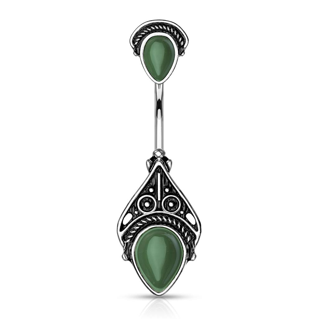 Pierced Owl Double Semi Precious Stone Vintage Filigree Stainless Steel Belly Button Navel Ring (Turquoise)