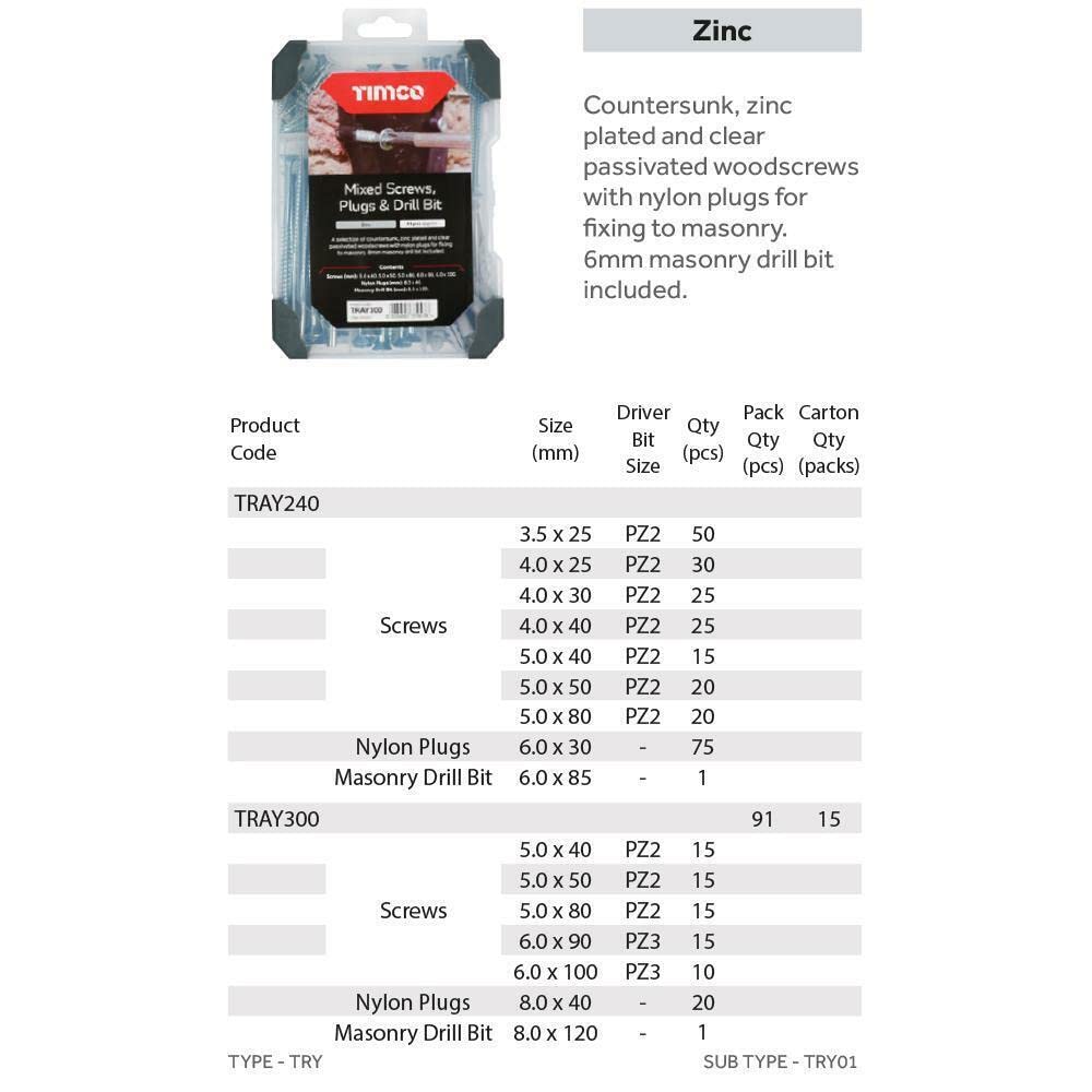 TIMCO TRAY240 Screws, Plug & Drill Bit Silver Tray-261pcs Mixed Tray