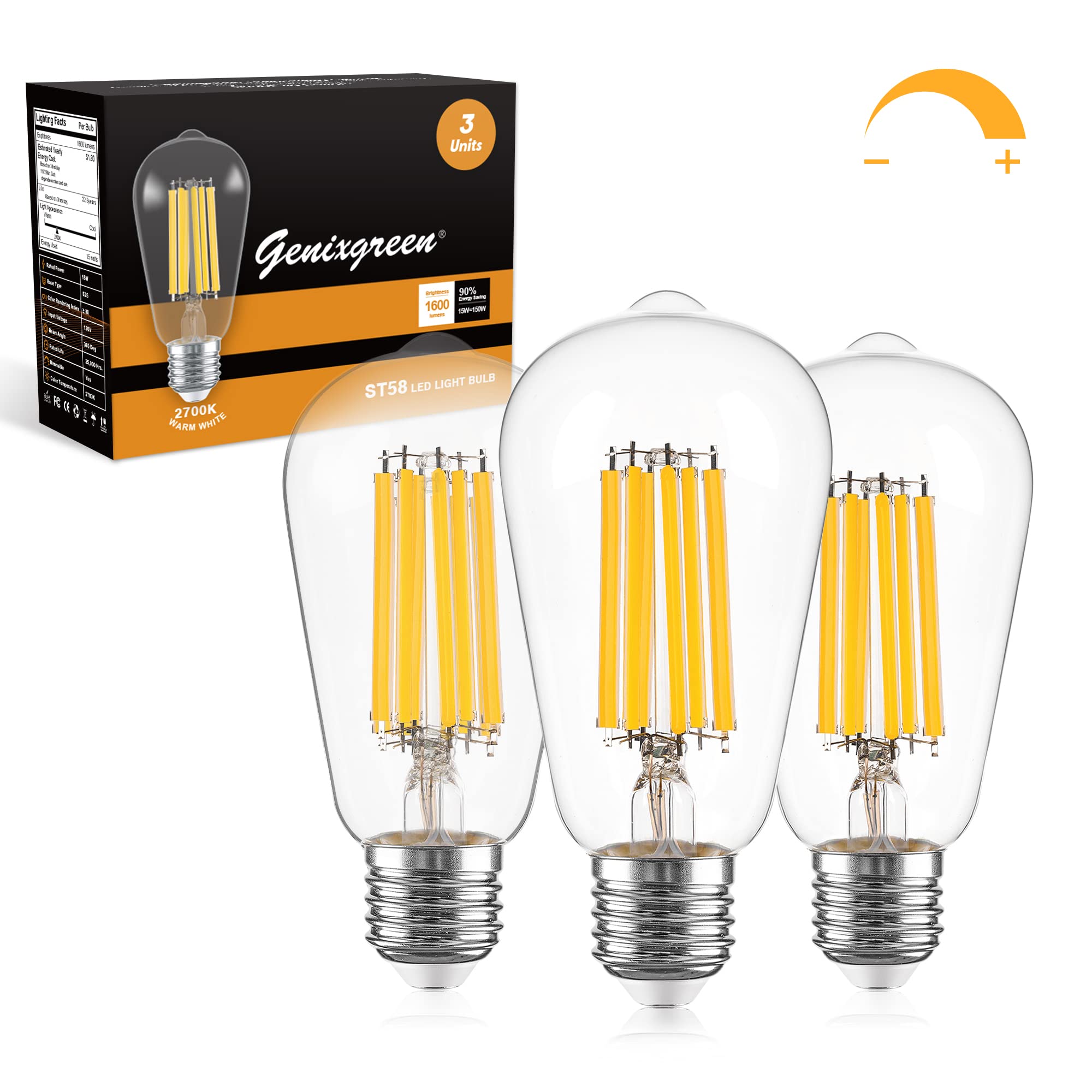 ST58 Edison Light Bulb 15W Vintage LED Bulb Dimmable LED Filament Bulbs 150W Equivalent ,Hight Brightness 1600LM Light Bulbs,E26 Base, Warm White 2700K, Clear Glass for Home Bathroom Kitchen,Pack of 3