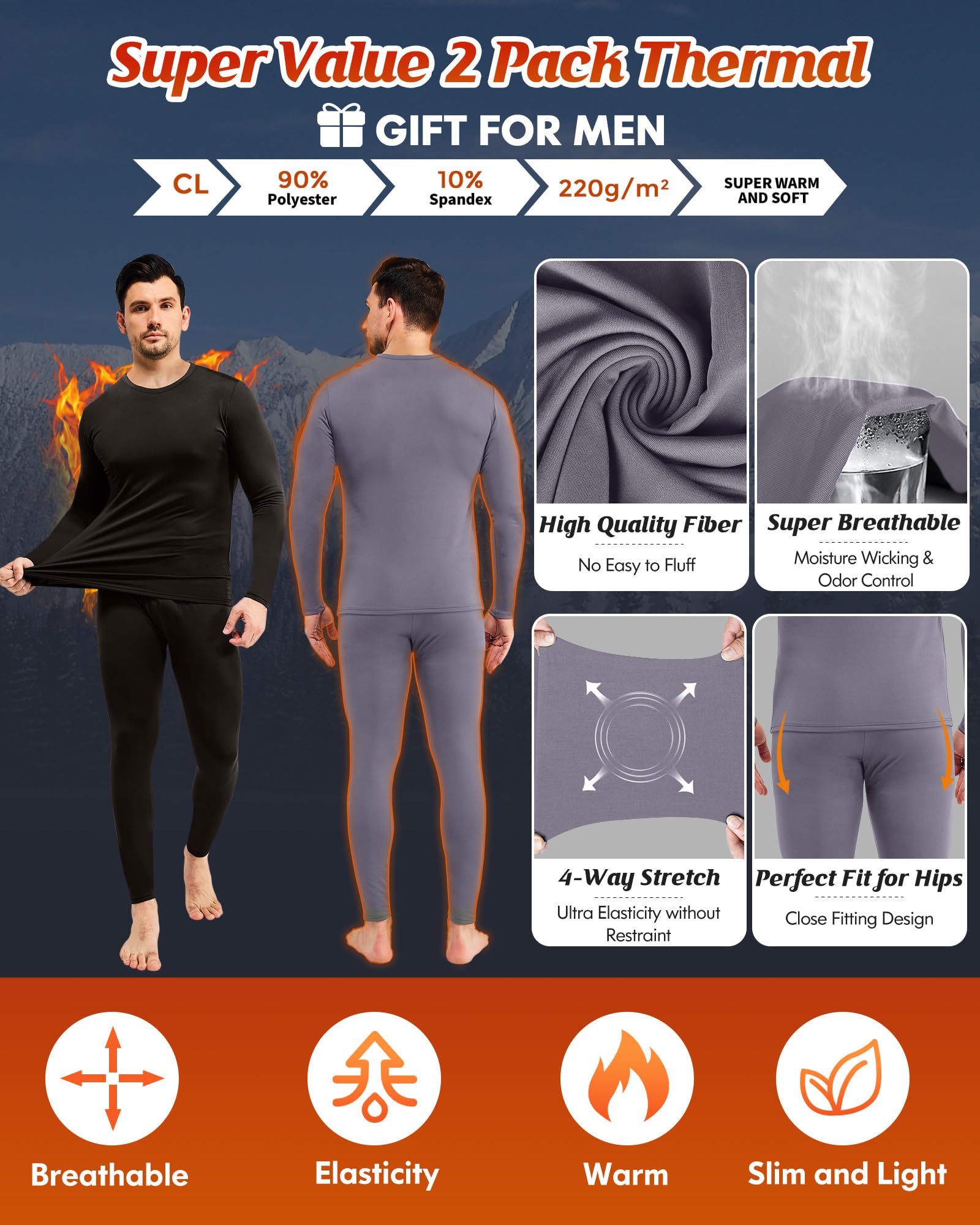 Thermal Underwear for Men, 2 Pack Long Johns Winter Long Underwear Sport Skiing Fleece Lined Base Layer Top and Bottom Set L