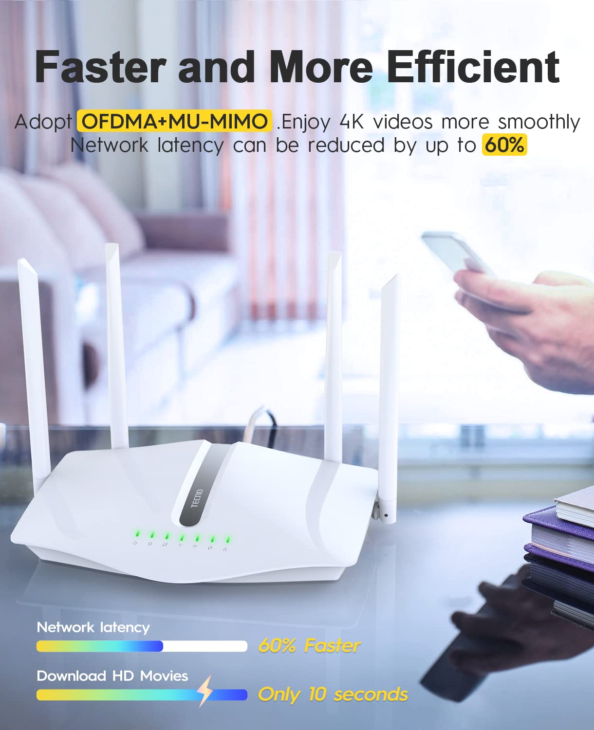 TECNO AX1800 WiFi 6 Router Networking, 1.8 Gbps Speeds Smart WiFi Router Wireless, 2.4 GHz/5 GHz Up to 50 Devices with MU-MIMO+OFDMA, WPA3 Security Dual Band Wireless Internet Router,White