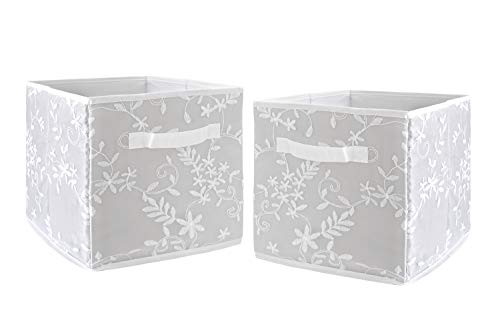 Sweet Jojo Designs Grey Floral Vintage Lace Foldable Fabric Storage Cube Bins Boxes Organizer Toys Kids Baby Childrens - Set of 2 - Solid Gray Luxurious Elegant Princess Boho Shabby Chic Luxury Flower