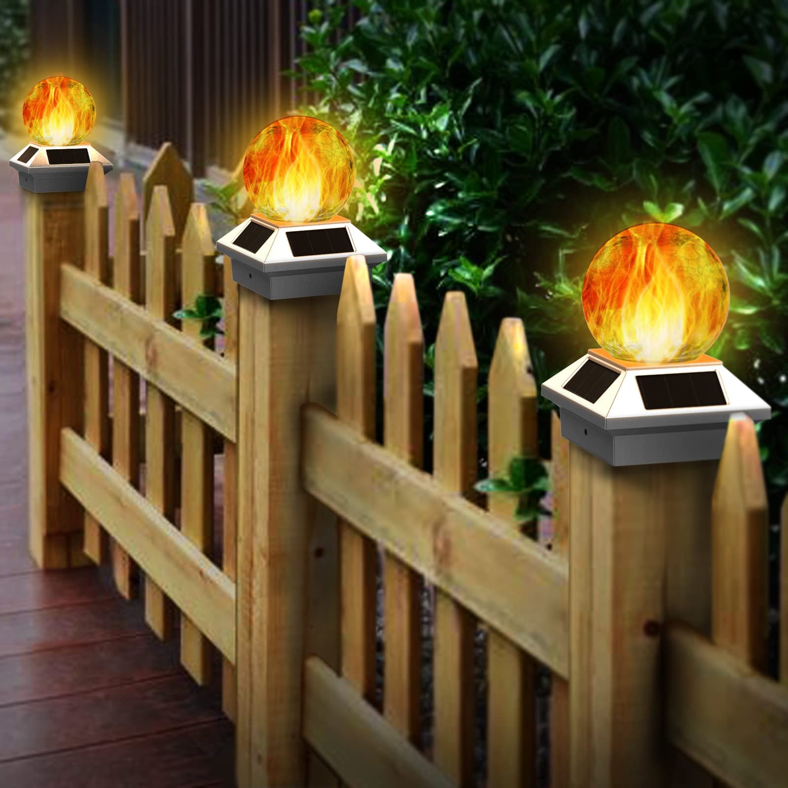 Solar Fence Post Cap Light,Solar Post Flame Lights Outdoor Cap Lights 4 Pack for Mailbox,Deck or Patio,Waterproof Outdoor Cap Lamp Post Fits 4X4, Wooden Posts or 3.5X3.5 Vinyl/PVC Fence Posts