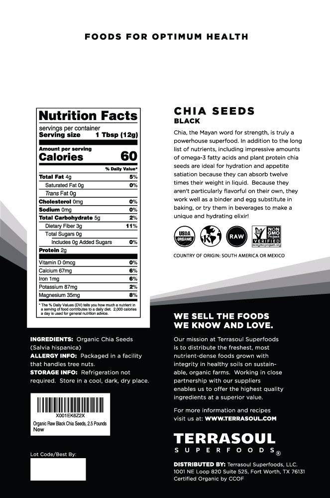 Terrasoul Superfoods Organic Black Chia Seeds, 2.5 Pounds, Nutrient-Packed Superfood for Energy, Puddings, Smoothies, and Baking