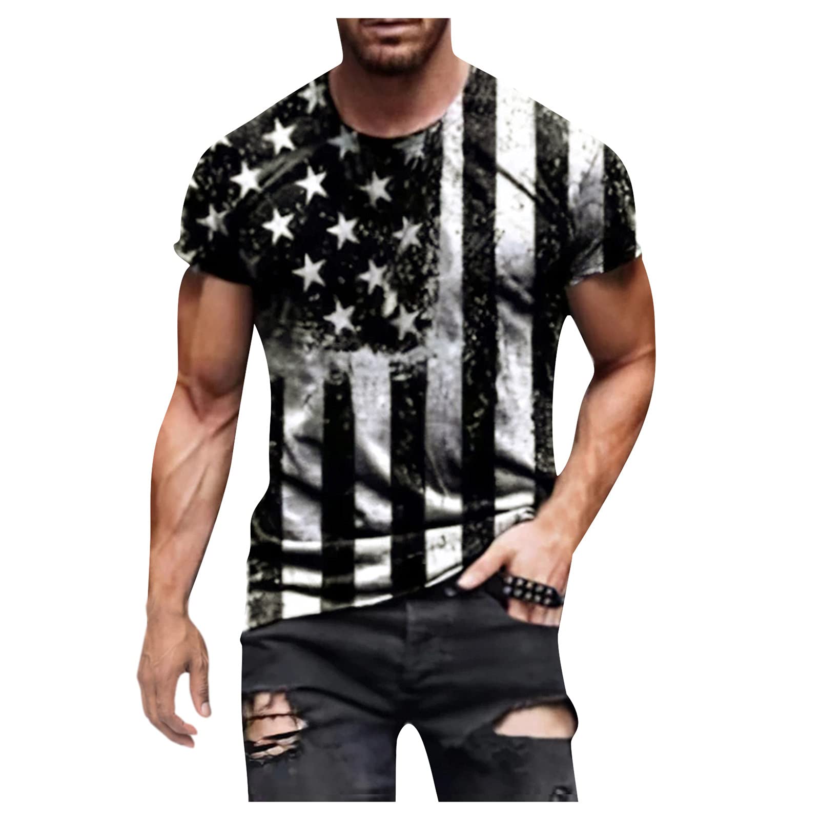 Soldier Short Sleeve for Men American Flag Plus Size T-shirt Retro Patriotic Blouse Muscle Workout Athletics Tee Tops
