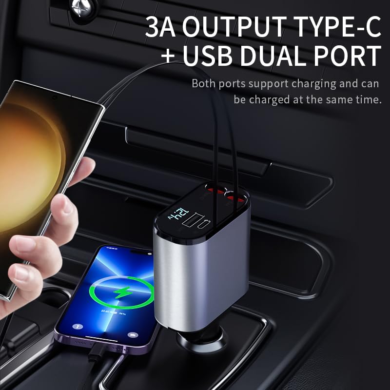 Retractable Car Charger, 4 in 1 USB C Car Charger 60W,Retractable Cables (2.6Ft) and 2 USB Ports Car Charger Adapter, Compatible with iPhone 15/14/13/12/11 Pro Max, Galaxy S23/ S22/S10,Google Pixel