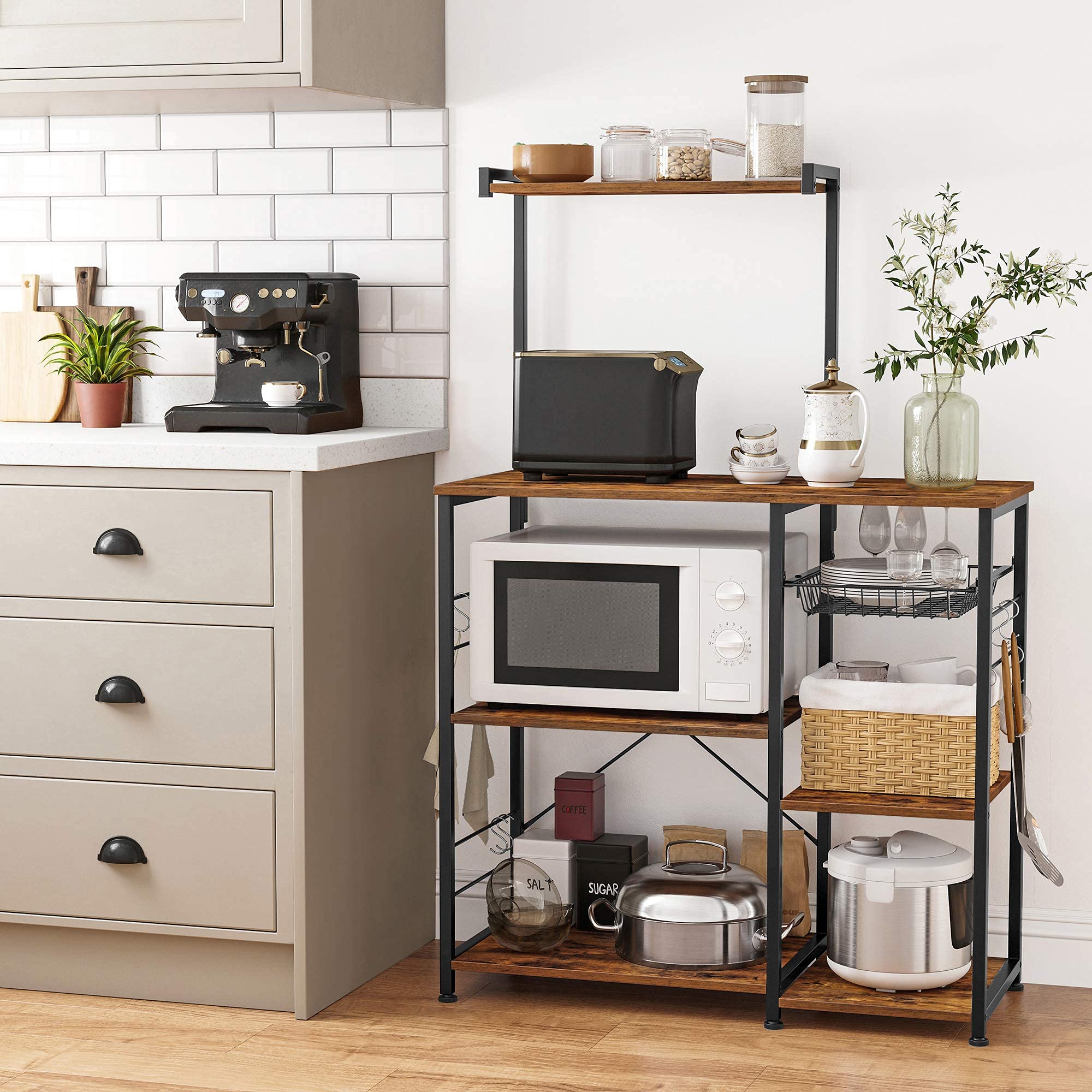 VASAGLE Coffee Bar and Baker’s Rack Bundle, Kitchen Storage Racks with Shelves, Hooks, for Microwave, Rustic Brown and Black UKKS17BX and UKKS35X