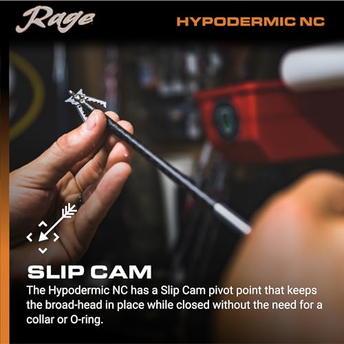 Rage Hypodermic NC 2-Blade 100gr Hunting Broadhead (R38100), Hybrid Tip, No Collar Blade Lock.035β Thick Swept-Back Angled Blades with a 2β Cutting Diameter, Machined Stainless Steel Ferrule, 3-Pack