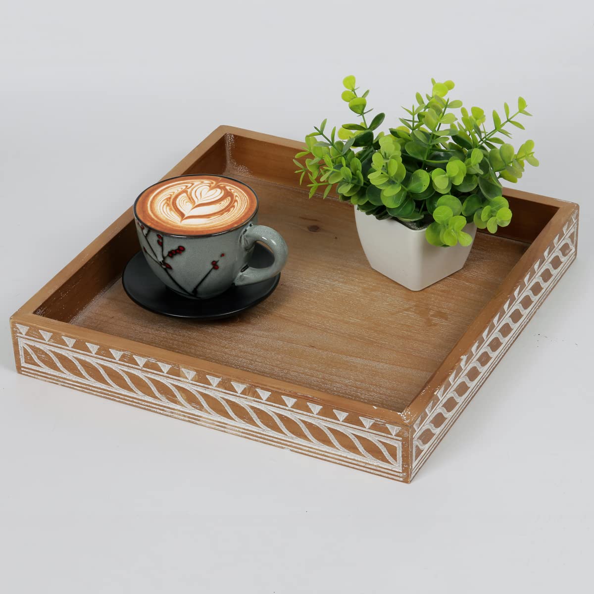 Thewense 12"x12" Farmhouse Decorative Ottoman Coffee Table Accent Tray,Perfect for Storage and Display, Small Square Wood Serving Tray for Office, Kitchen, Dining Room (Square Brown)