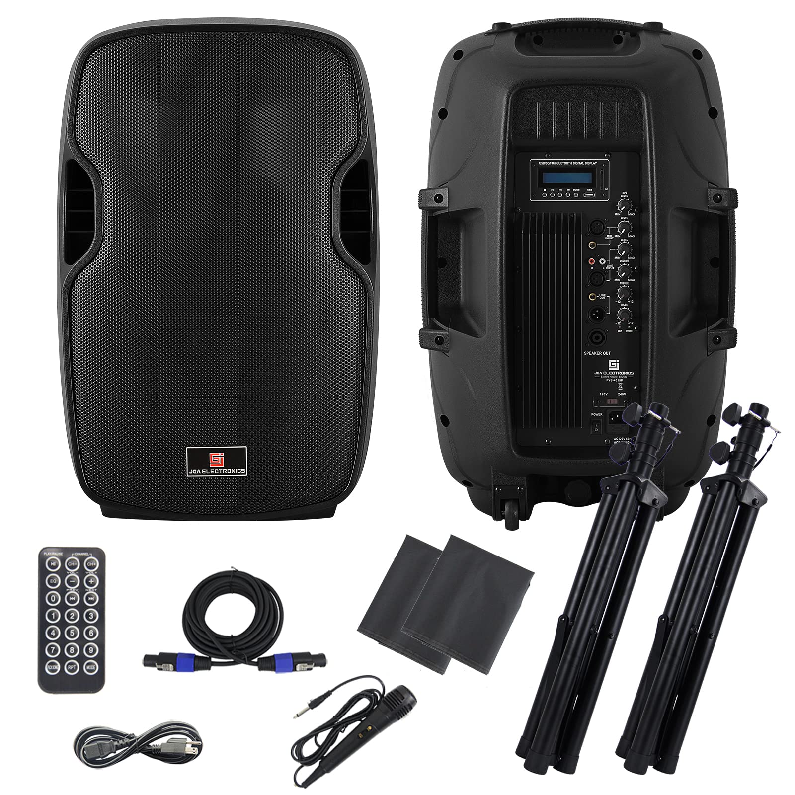 Powered PA Speakers,2-Way 15 Inch Pair Built in Bluetooth USB SD Card Line-in and Portable DJ Speakers System with Wired Microphone,Standing Tripods and Remote Control.…