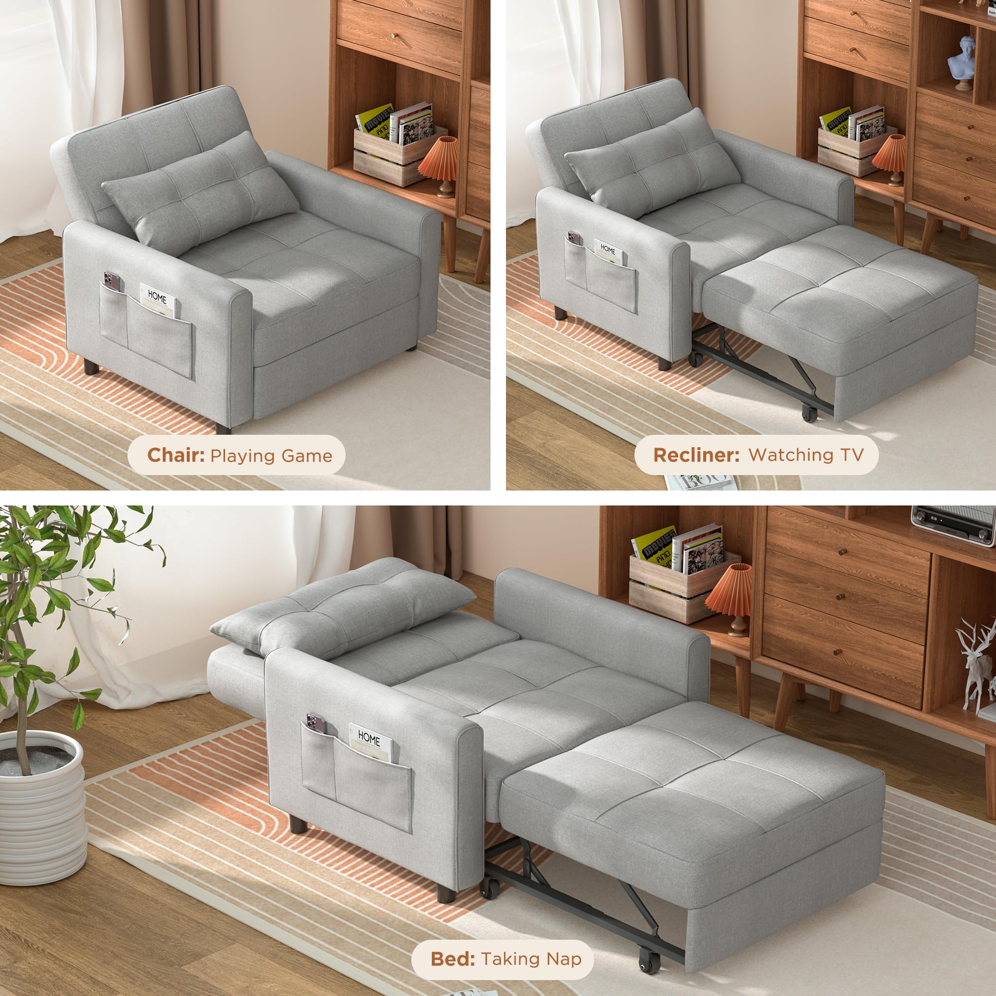 Noelse 34 Inch Convertible Sofa Chair 3-in-1, Sleeper Chair Bed Pull Out Chair Bed, Sofa Bed with Adjustable Backrest, Sleeper Sofa Living Room Reading Chairs for Office Apartment (Dark Gray)