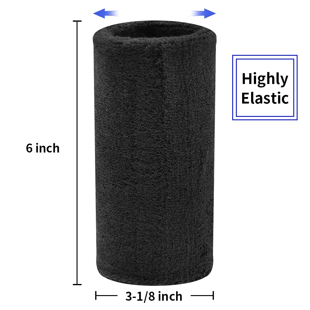 TOPTIE 6 Inch Wrist Sweatband, 6 PCS Long Wrist Sweatbands, Sports Athletic Wristbands-Black