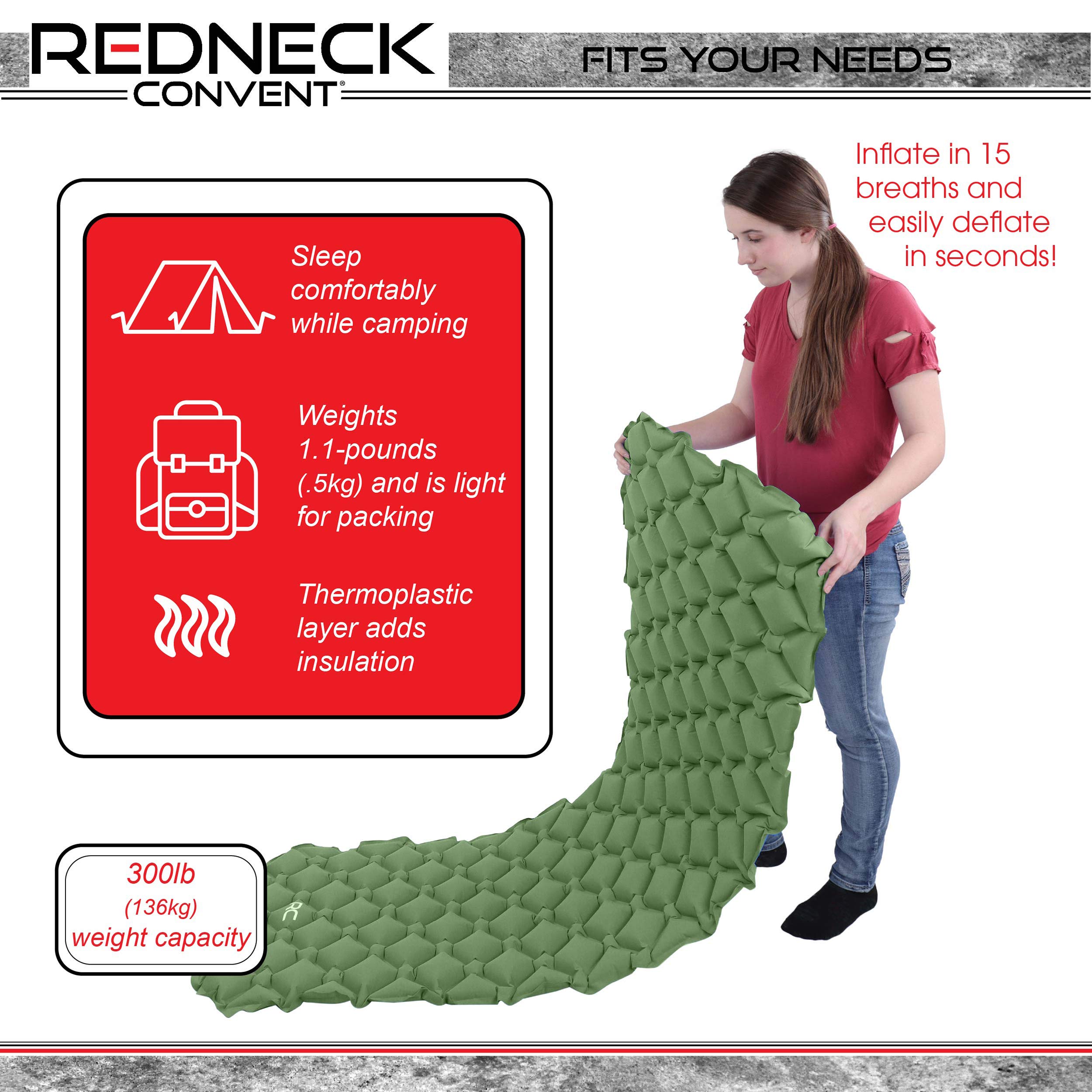 Redneck Convent RC Camping Sleeping Mat - 1.1lb Green Inflatable Camping Pad Backpacking Air Mattress Sleeping Bag Camp Pad