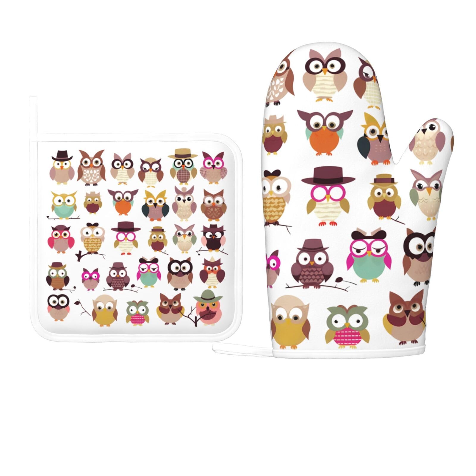 Oven Mitts Pot Holders Sets Funny Owl Cartoon Silicone Oven Gloves Kitchen Accessories for Baking Cooking Family Gathering