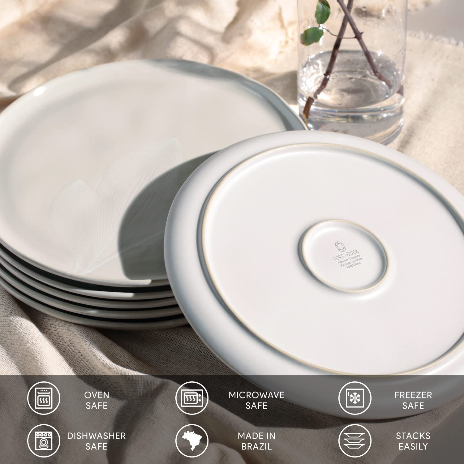 Porto Brasil Dinner Plate Set for 6, Stoneware Plates, Ceramic Plates, Kitchen Plates, Microwavable Plates, Platos de Cocina 10.8 inc, Açucena