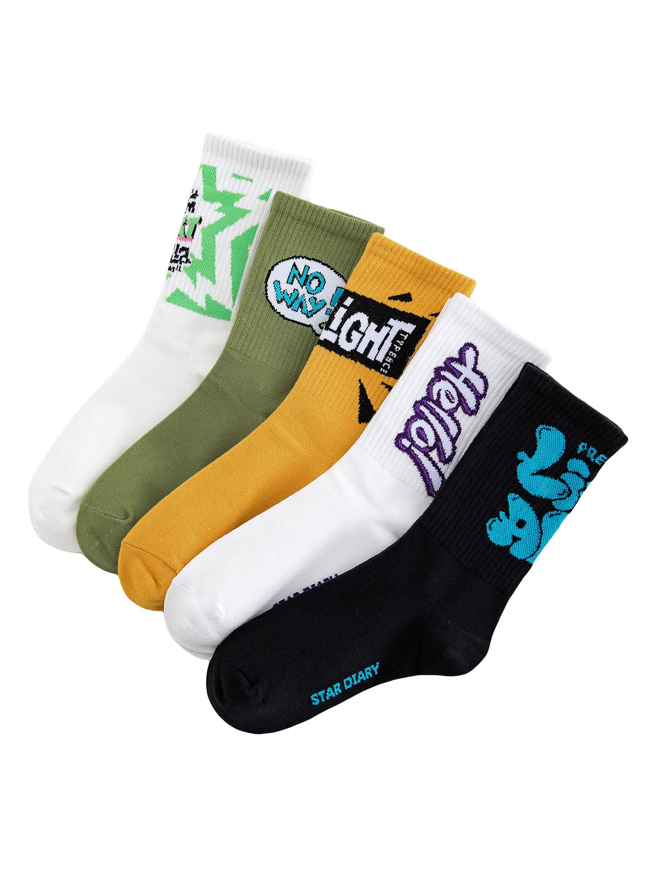 WDIRARA Men's 5 Pairs Letter Cartoon Graphic Print Socks Casual Crew Socks Multicolor one-size