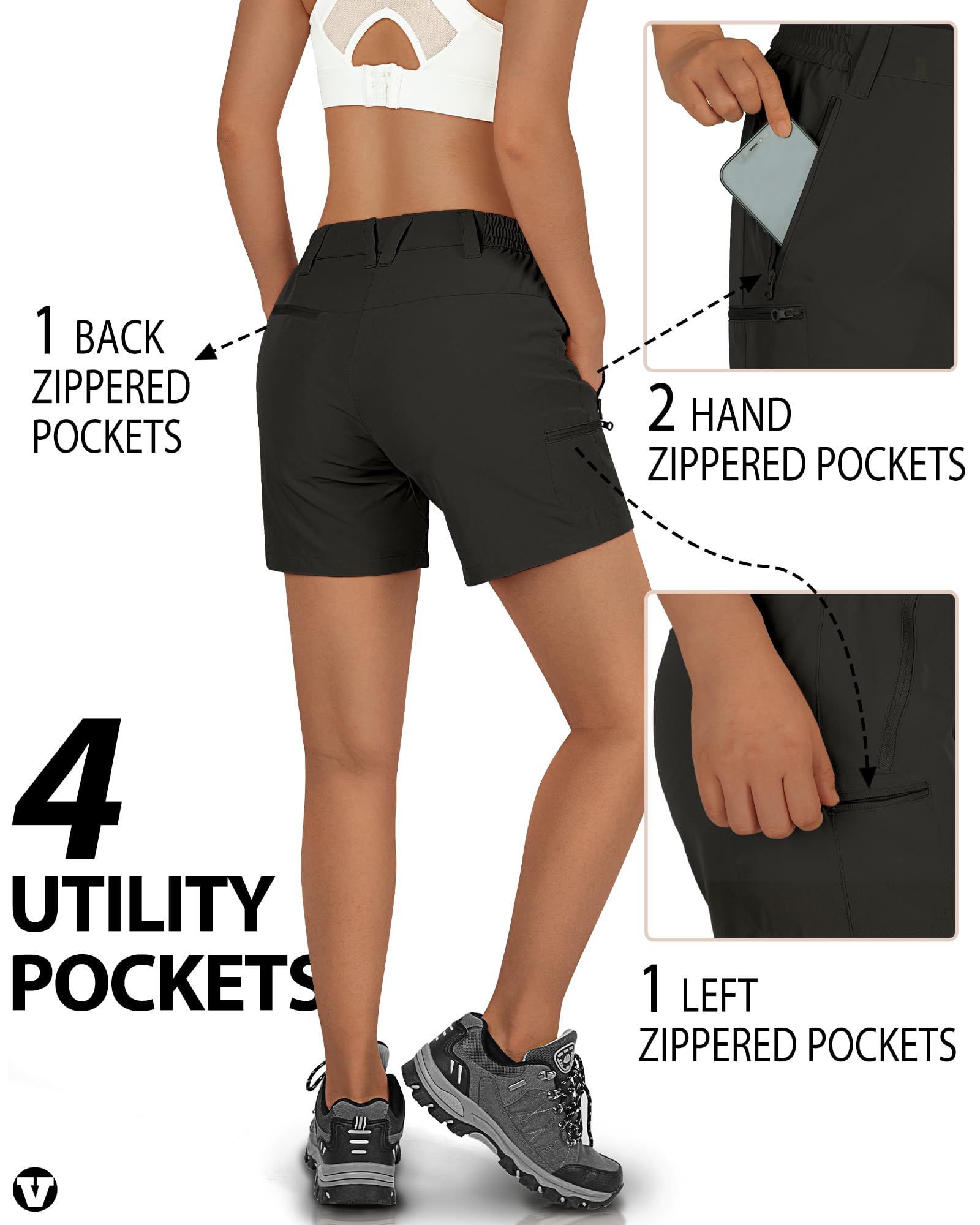 Outdoor Ventures Women's 5" Hiking Shorts Stretch Lightweight Golf Shorts Quick Dry UPF 50+ Cargo Short for Camping, Travel Black