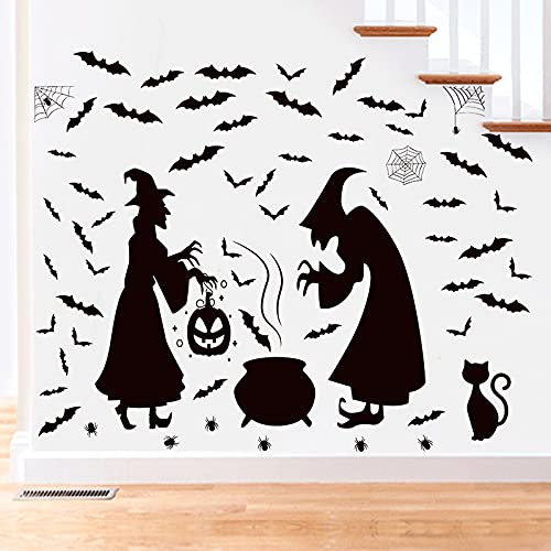 Sika Deer Halloween Window Decorations - Extra Large 2 Witches with Black Cat Bat Spider Cauldron Silhouette Halloween Window Stickers Indoor,Window Clings for Halloween Party Decorations(3 Sheets)