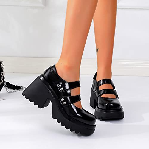 YUNWI Ladies Fashion Solid Color Leather Retro Low Top Square Toe Thick High Heel Shoes Size 11 Wedges for Women