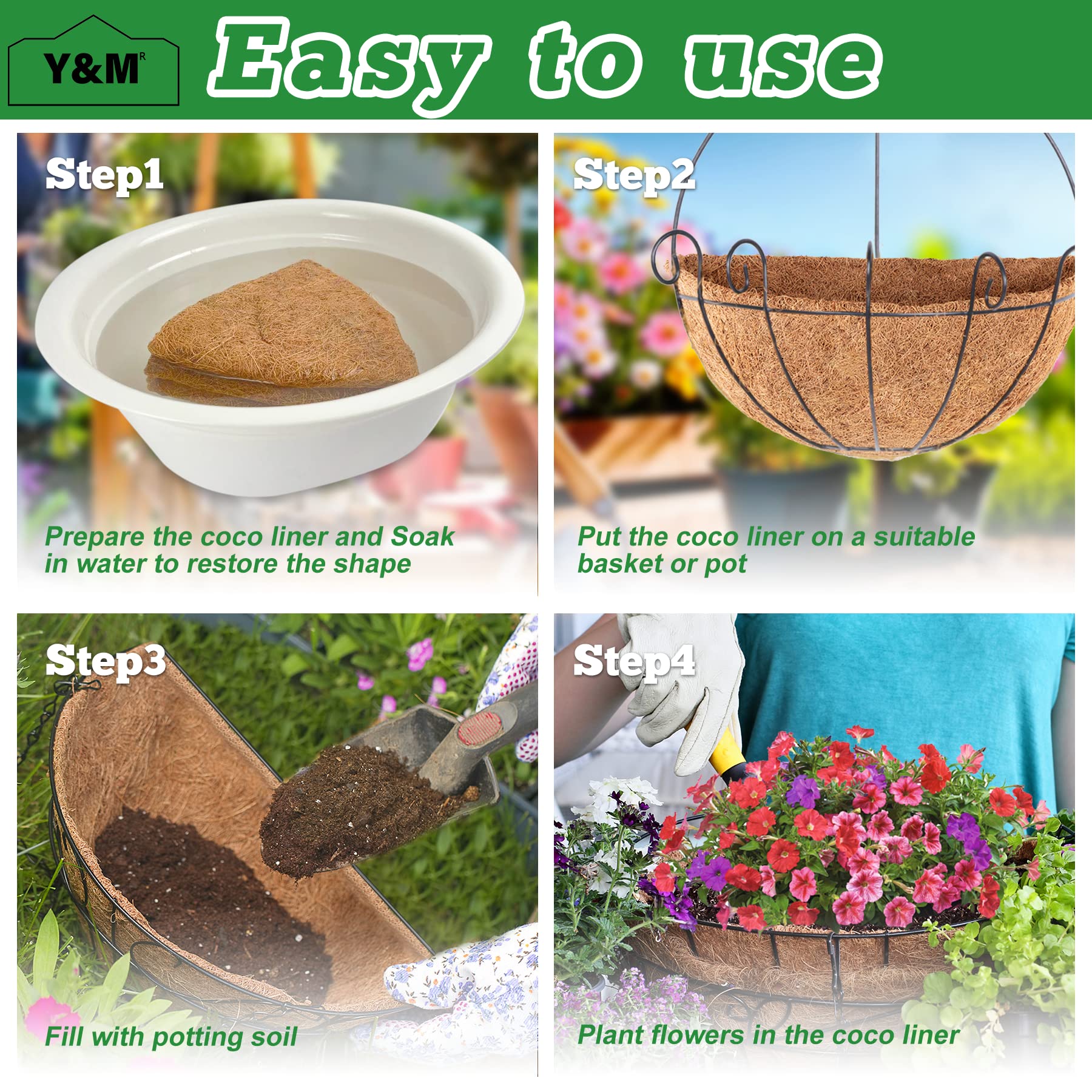 Y&M 16 Inch Pre-Formed Half Round Coco Fiber Hanging Basket Liner, Half Round Coco Replacement Liner - 2pcs