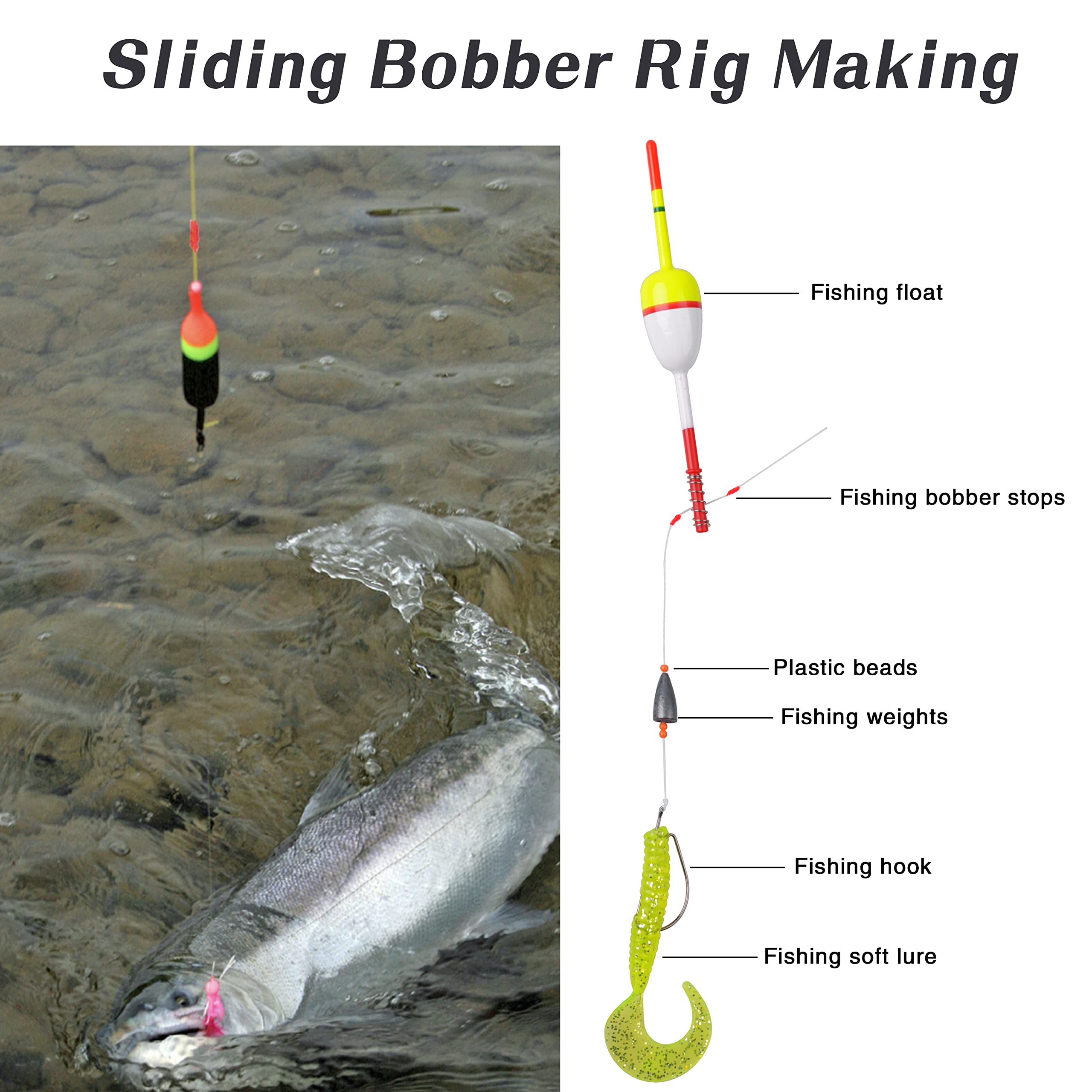 SILANON Bobber Stops for Fishing Floats,Slip Bobber Stop String Knots with Plastic Beads Bobber Stoppers for Fishing Line Leader Saltwater Freshwater Fishing Tackle
