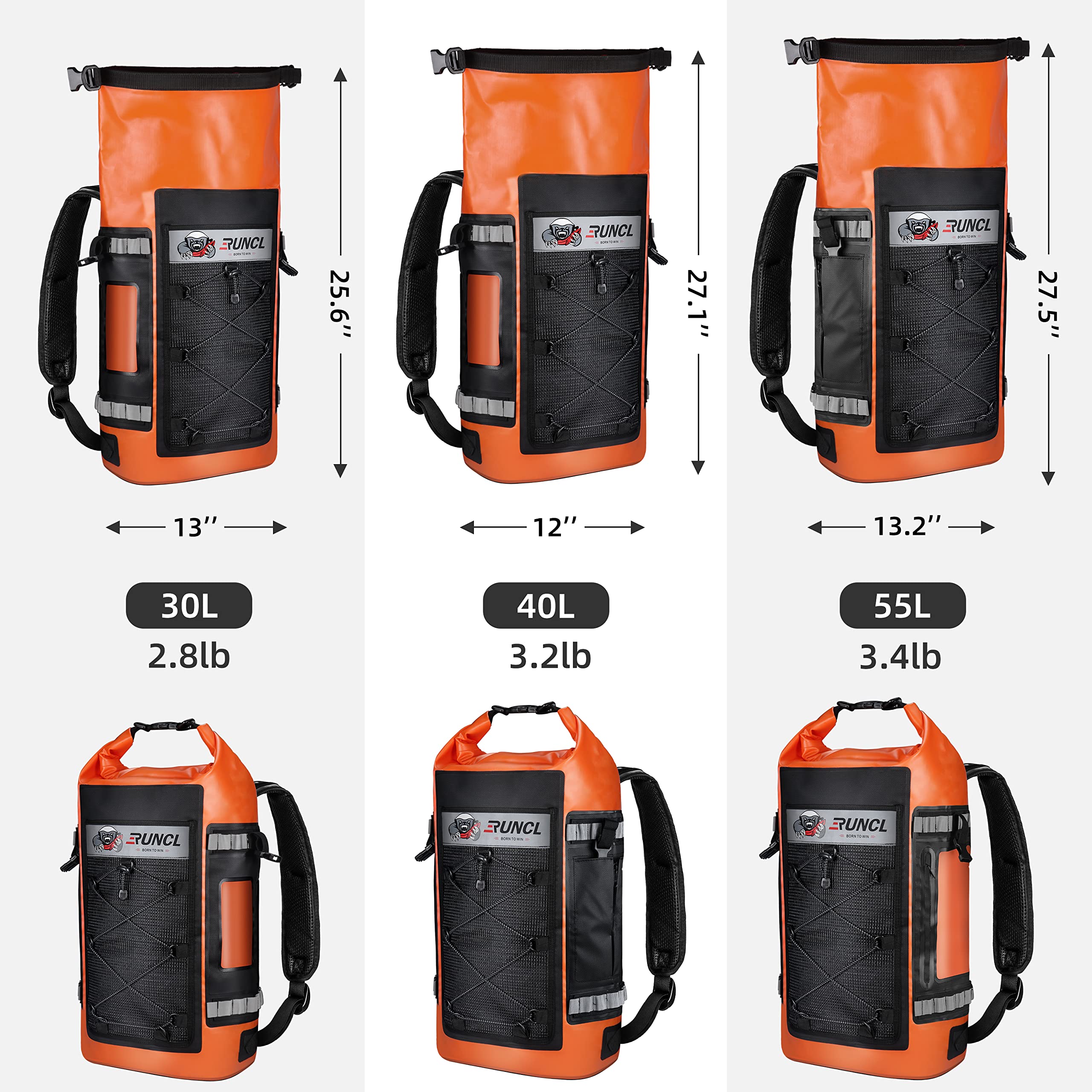 RUNCL Waterproof Backpack, 30/40/55L Roll-Top Closure Dry Bag, with Side Zippered Pocket and Cushioned Padded Back Panel, IPX8 Waterproof Phone Case Included