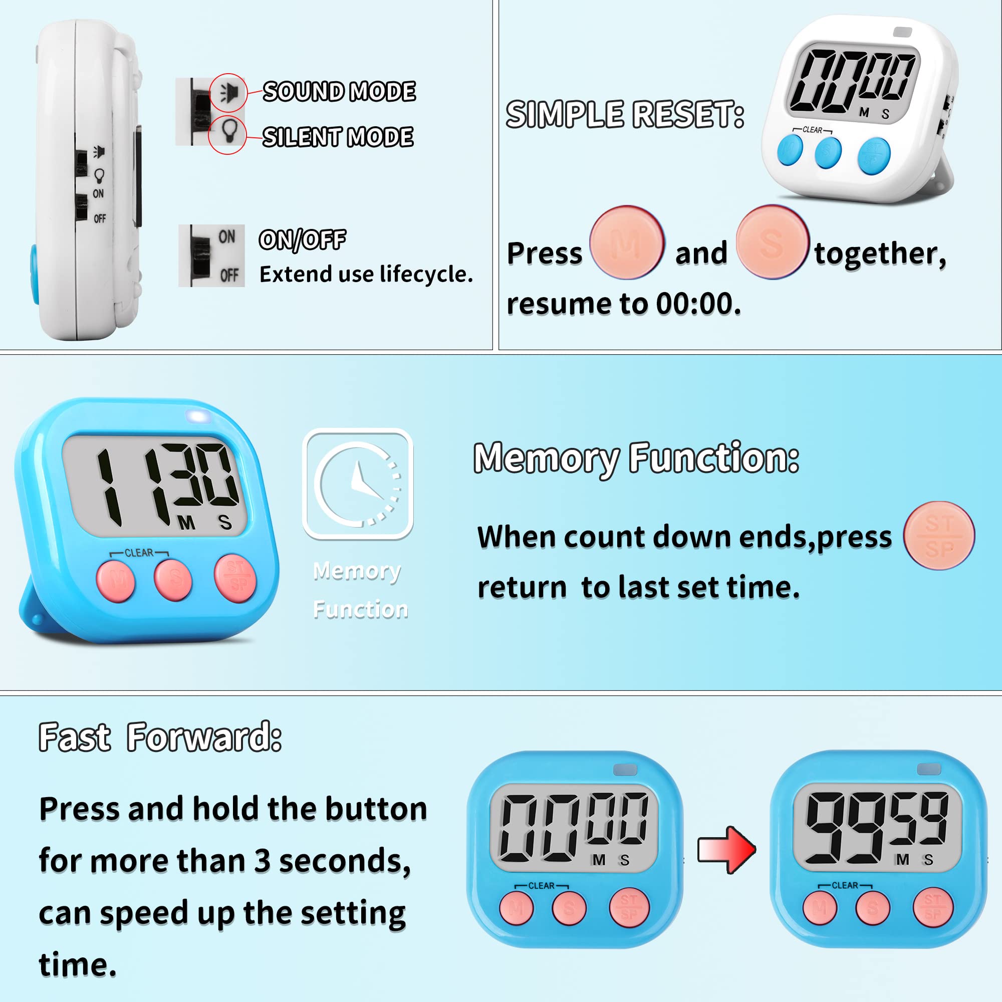 Timer for Kids Teachers Digital Kitchen Timers for Cooking Large Magnetic Classroom Timer 2Pack-White Blue