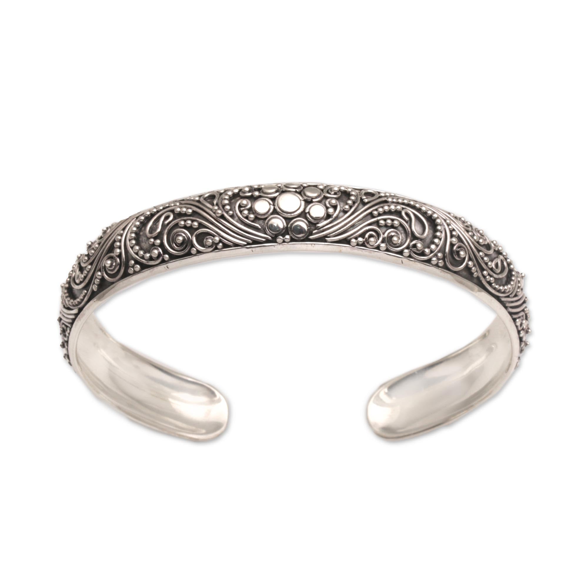 NOVICA Artisan Handmade Sterling Silver Cuff Bracelet Swirl Motif from Bali No Stone Indonesia [6 in L (end to End) x 0.4 in W] ' Shrine Swirls'