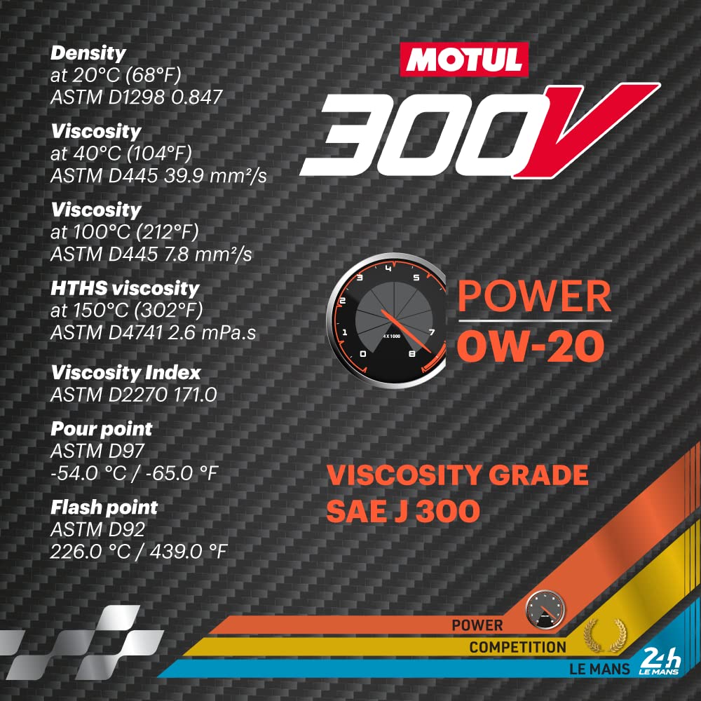 Motul 110813 300V 0W-20 POWER Car Racing Motor Oil Full Synthetic Engine Lubricant 2 Liter High Performance 4-Stroke Ester Core