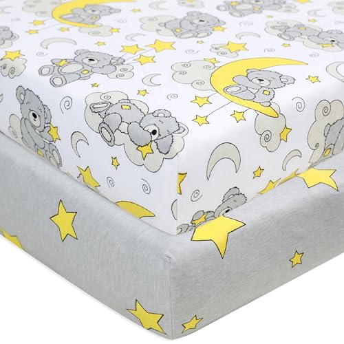 Organic Crib Sheets (2 Pack) - 100% Organic Jersey Cotton Fitted Crib Sheets for Standard Crib and Toddler Mattresses |Star and Bear Print | (Grey, Yellow, White)